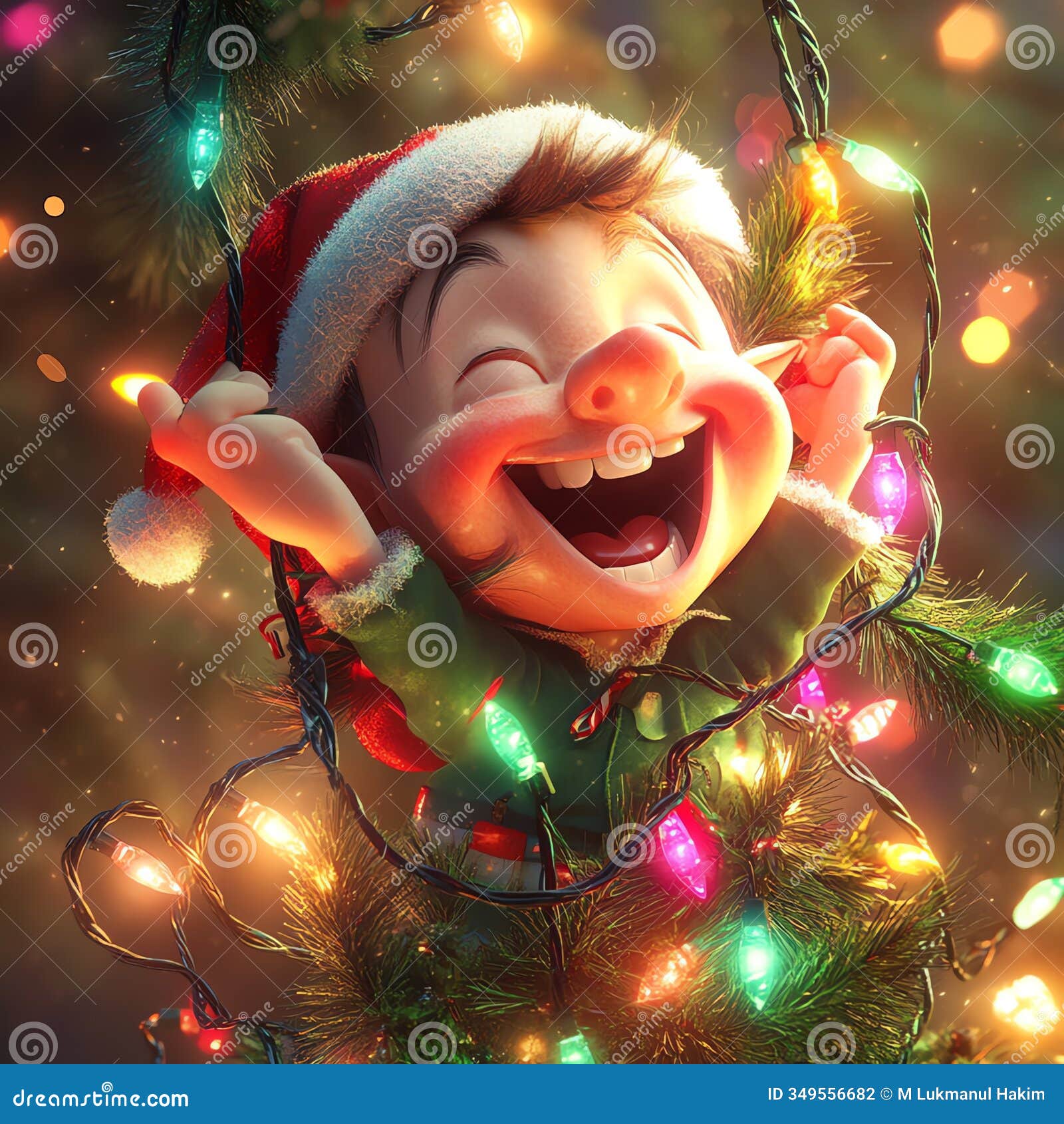 Cheerful Christmas Elf Tangled in Christmas Lights Stock Photo - Image ...