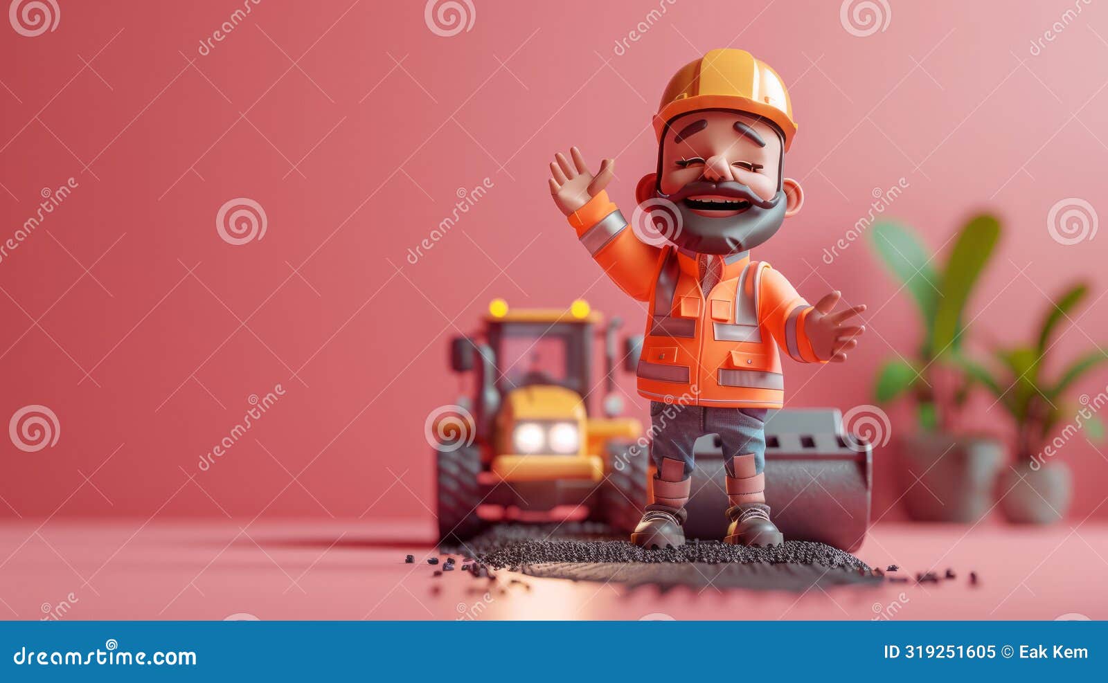 Cheerful Construction Worker Character Waving In Front Of Excavator On ...