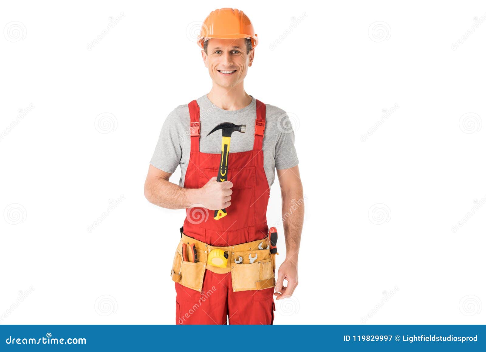 Cheerful Construction Worker Holding Hammer Stock Image - Image of ... Cheerful Construction Worker Holding Hammer Stock Image - Image of ...