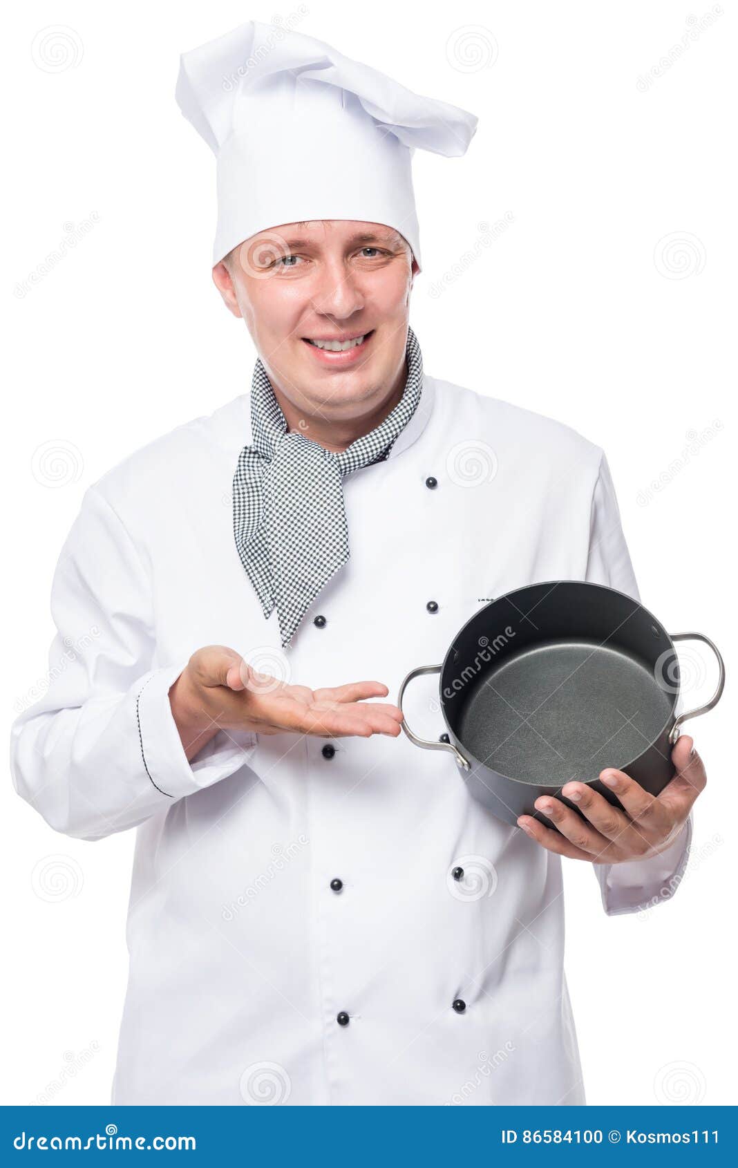Cheerful Cook with an Empty Pan on a White Background Stock Photo ...