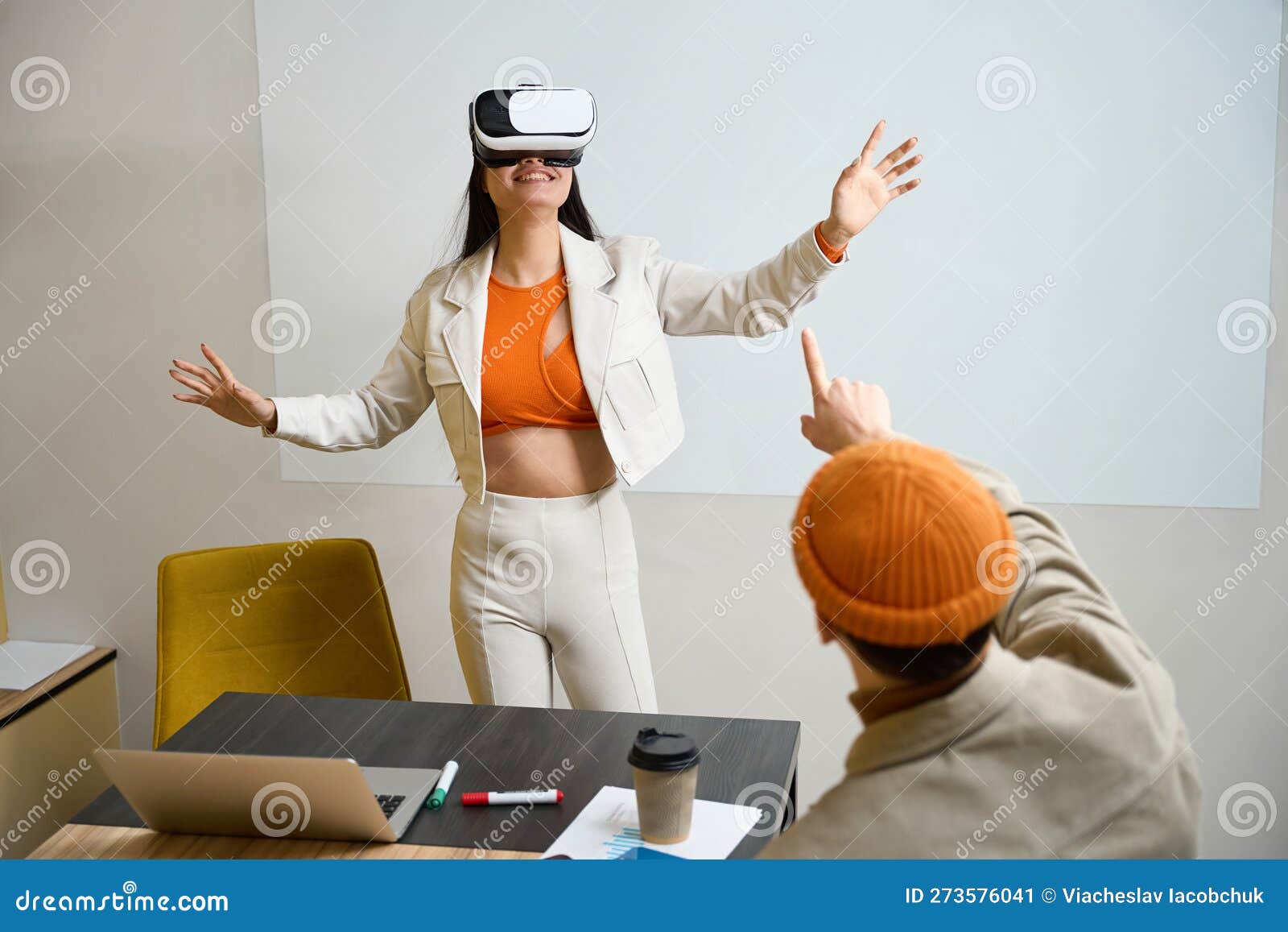 Cheerful Corporate Employee Undergoing VR Training in Workplace Stock ...