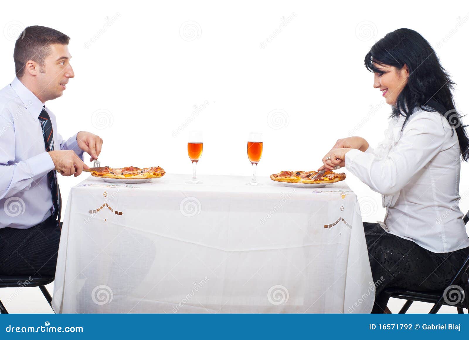 Cheerful Couple Eating Pizza Stock Photo - Image of enjoyment, business ...