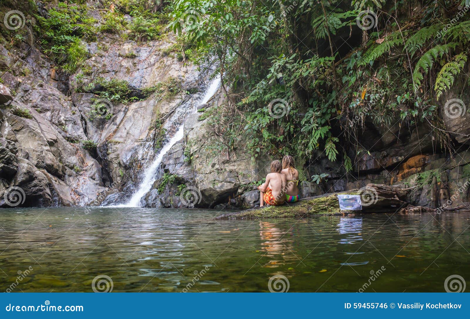 Cheerful Couple Enjoying River Bath by Waterfall Stock Photo - Image of ...