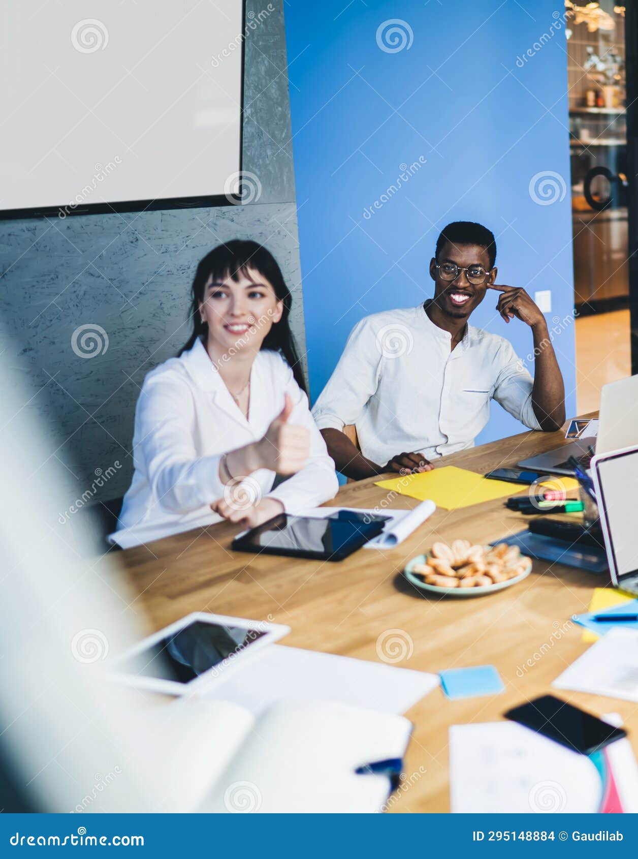Cheerful Coworker at Conference Table Laughing Stock Photo - Image of ...