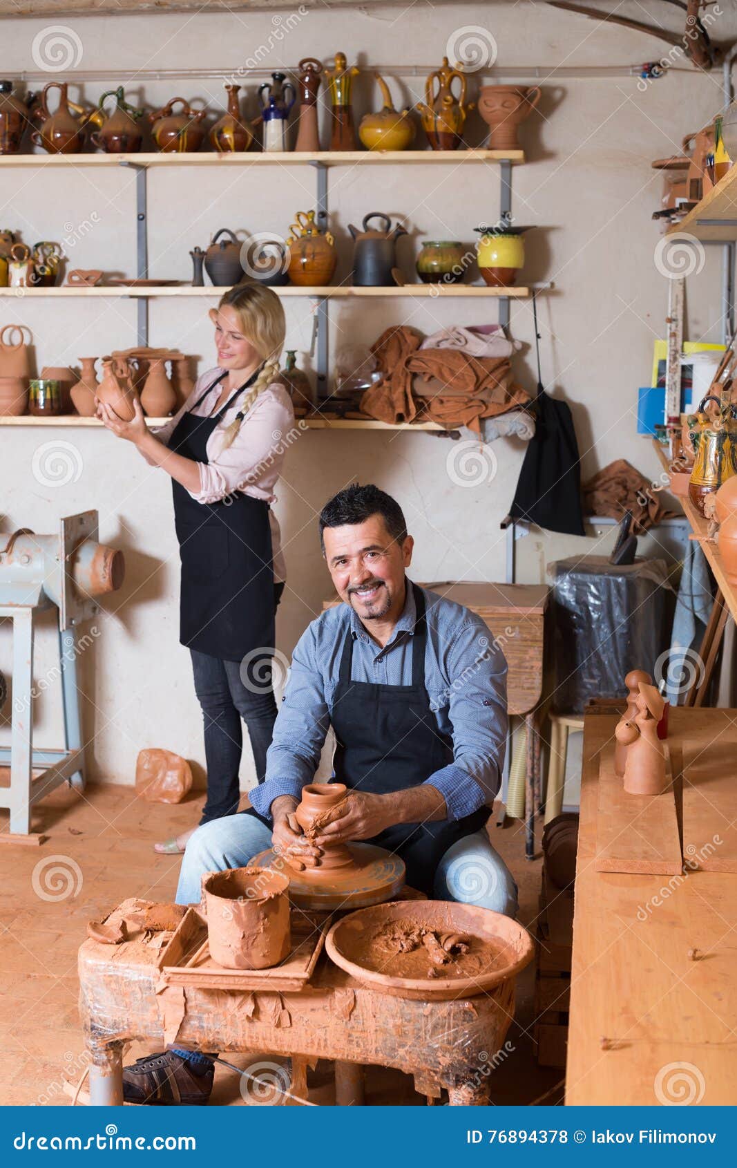 Cheerful Craftsman Making Pot Using Pottery Wheel Stock Photo - Image ...