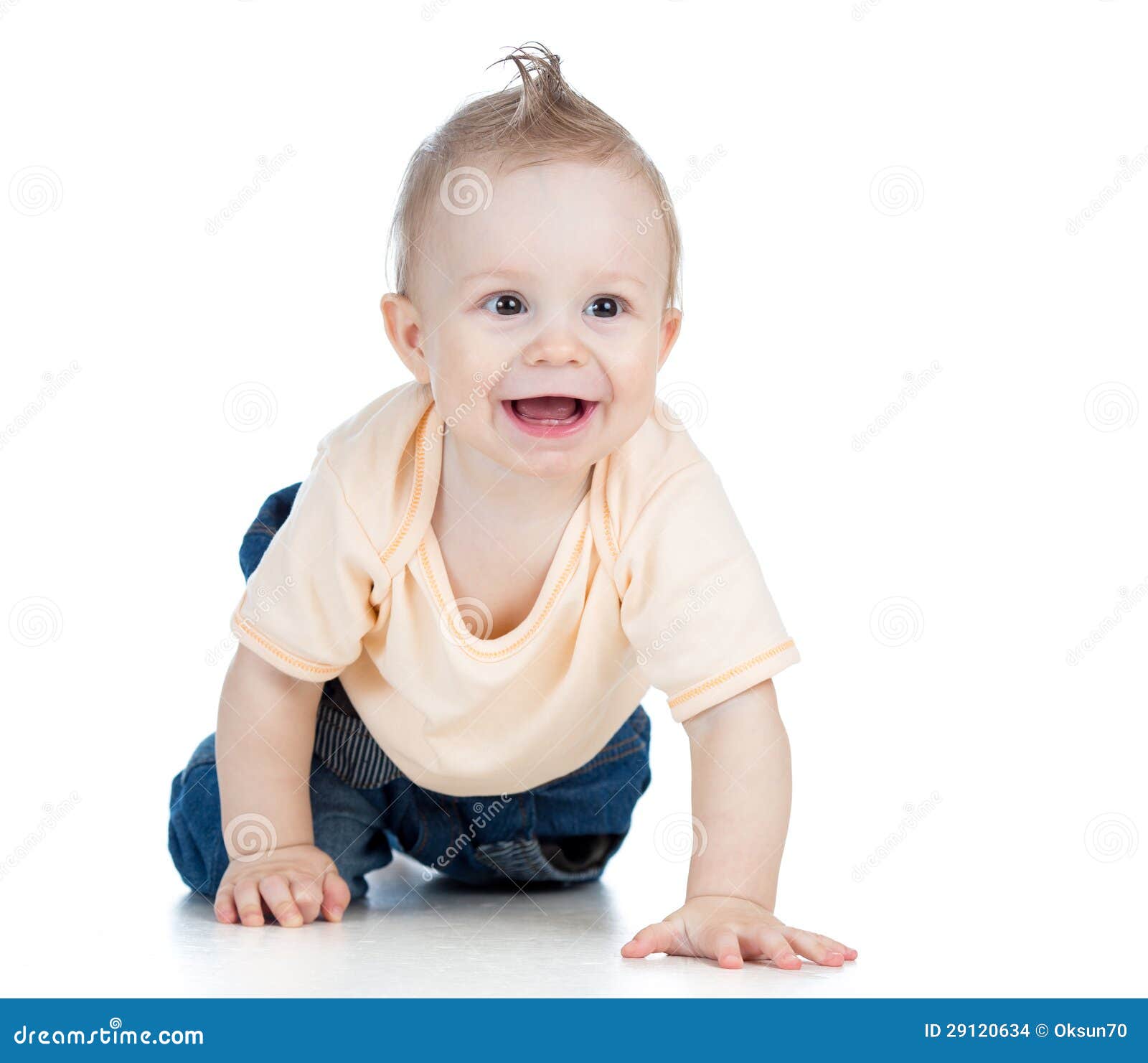 Cheerful Crawling Baby Boy on White Background Stock Photo - Image of ...