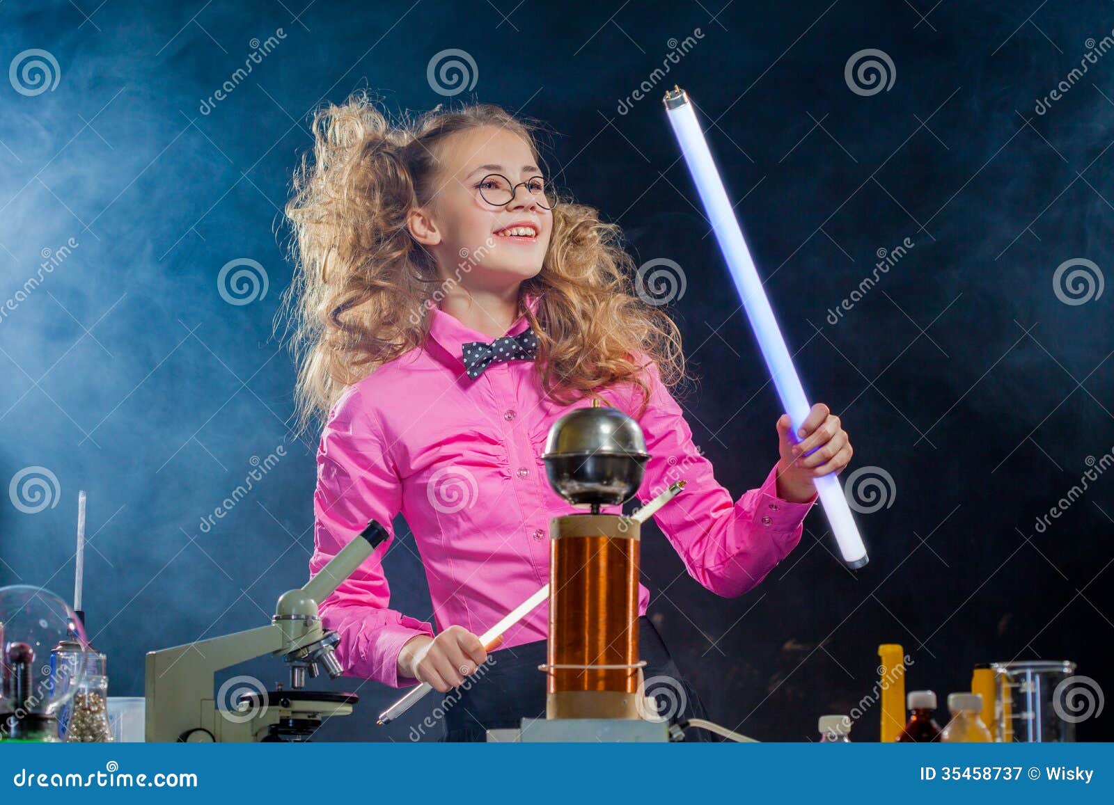 Cheerful Curly Girl Posing in Magical Lab Stock Image - Image of ...