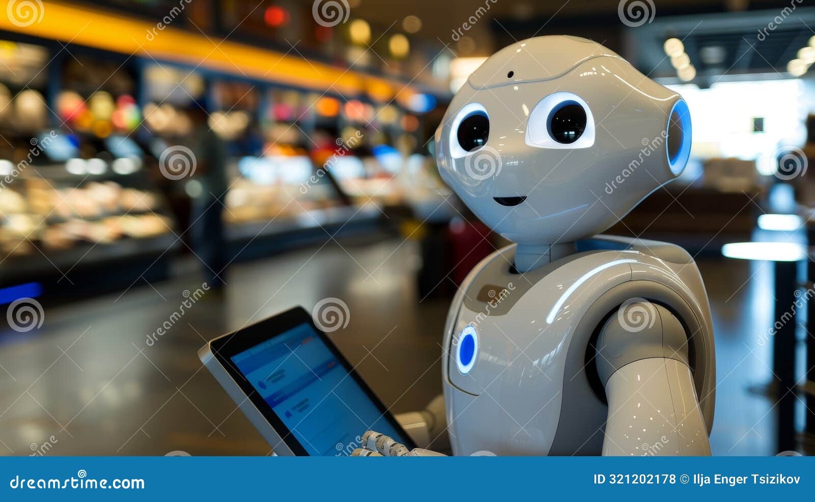 Cheerful Customer Service Robot Using Computer in Blurred Office ...