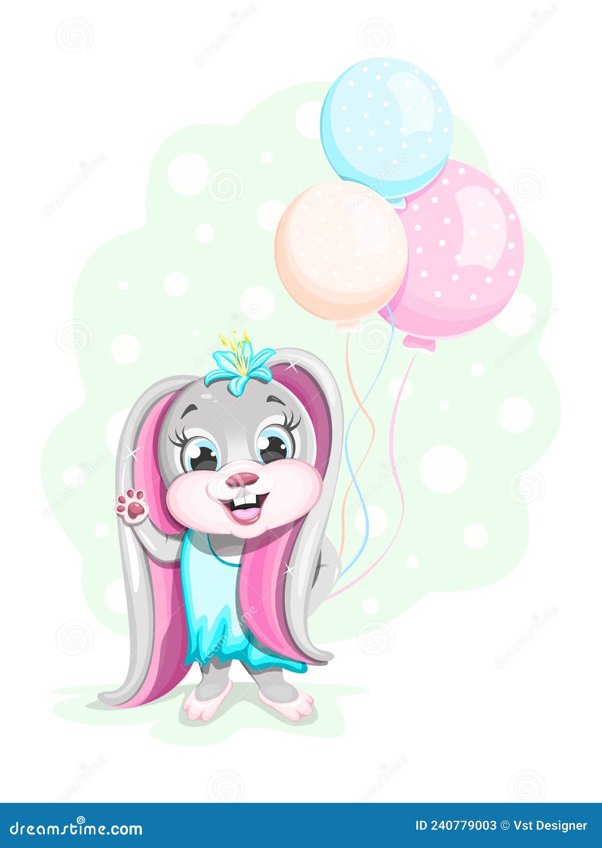 Postcard. Cheerful and Cute Bunny Holding 3 Balloons Stock Vector ...