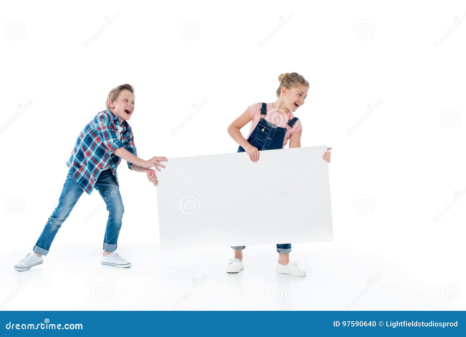 Cheerful Cute Kids Having Fun with Blank Placard Stock Photo - Image of ...
