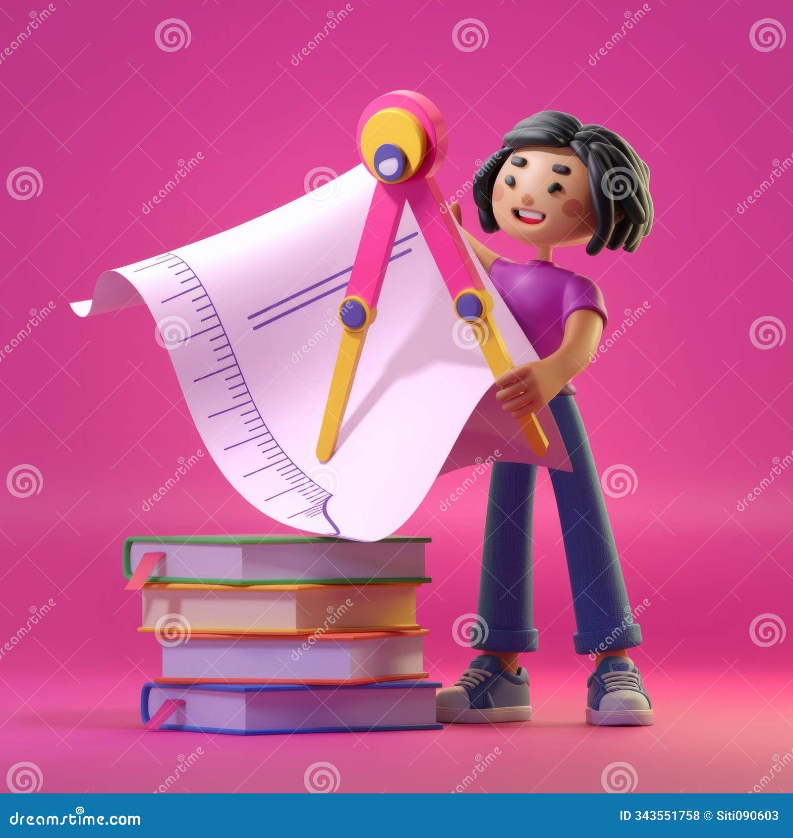 3D Cartoon Student Holding Ruler and Compass on Book Stack AI Generated ...