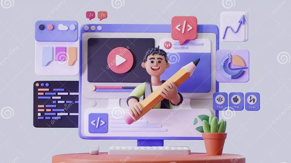 Online Education 3D Cartoon Tutor Coding Learning Web Development E ...