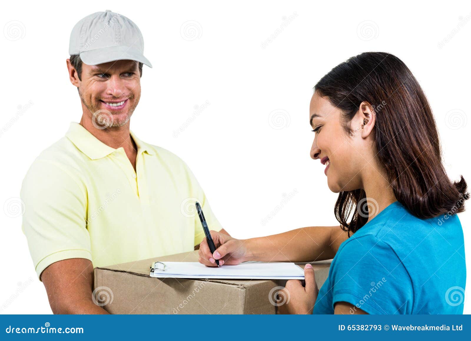 Cheerful Delivery Man with Customer Stock Image - Image of isolated ...