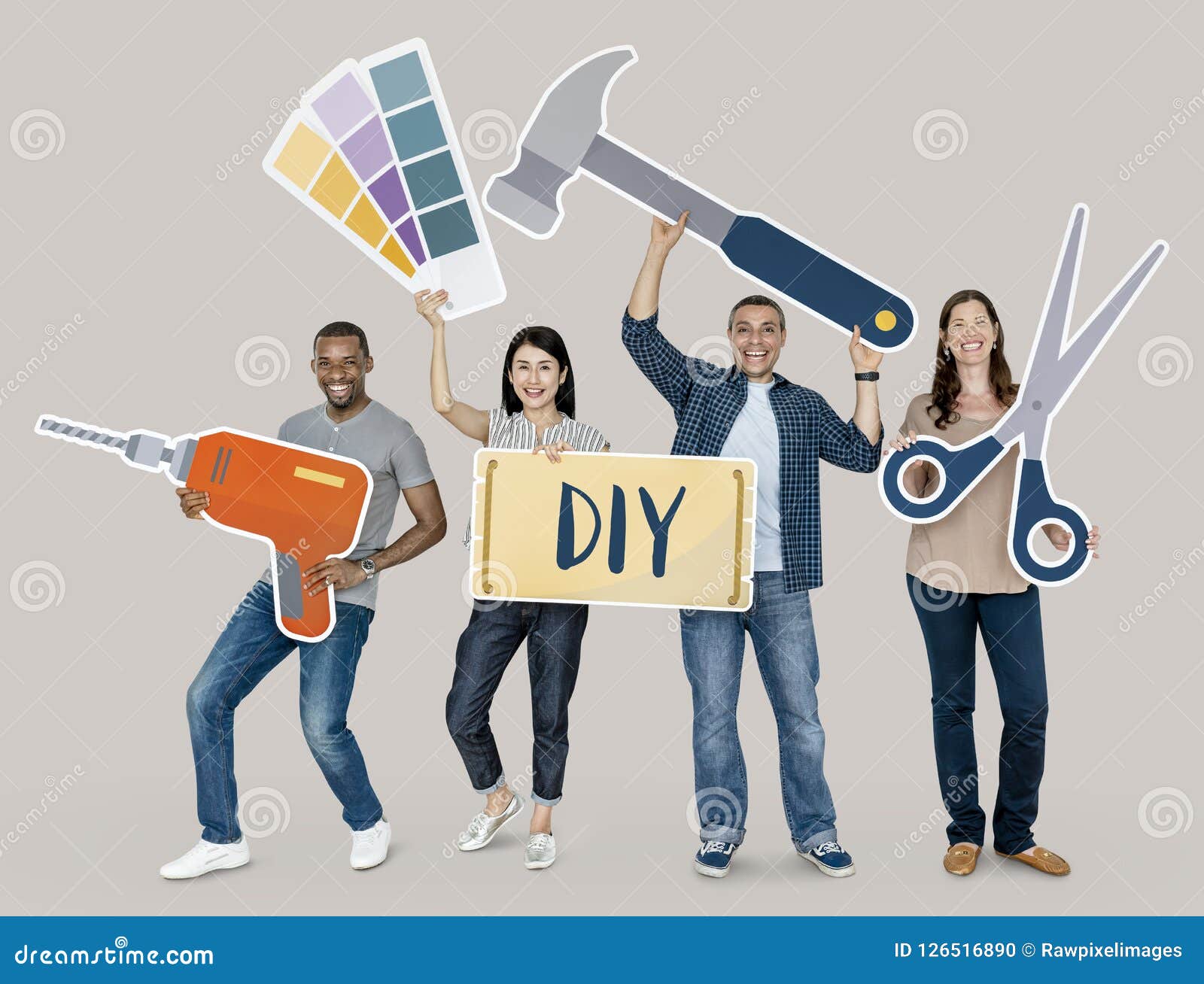 Cheerful Diverse People Holding DIY Icons Stock Photo - Image of ...