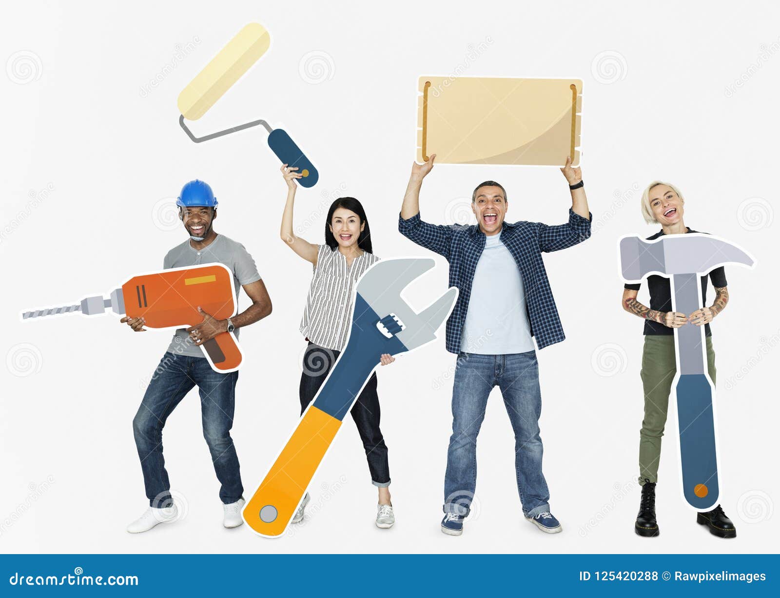 Cheerful Diverse People Holding Tools Stock Photo - Image of machine ...