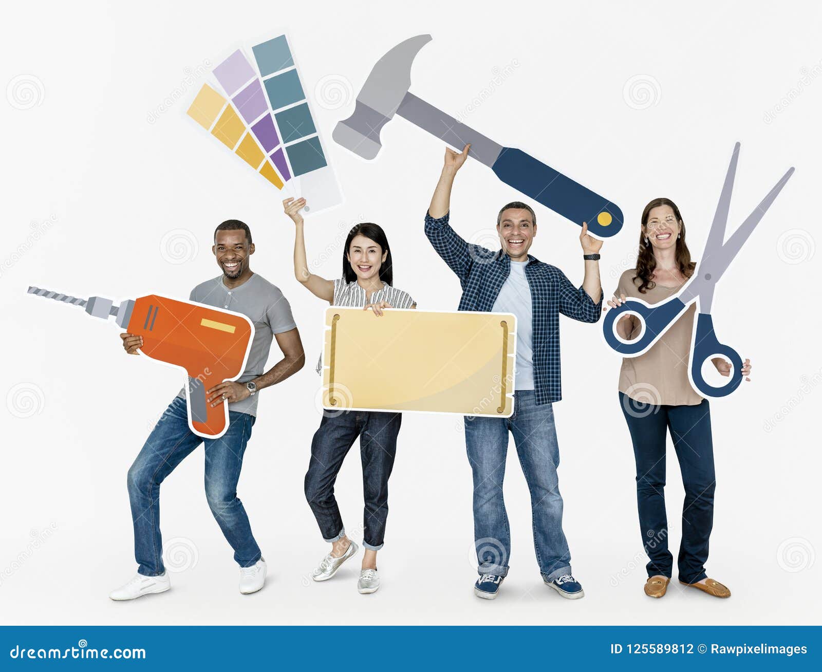 Cheerful Diverse People Holding Tools Stock Photo - Image of african ...