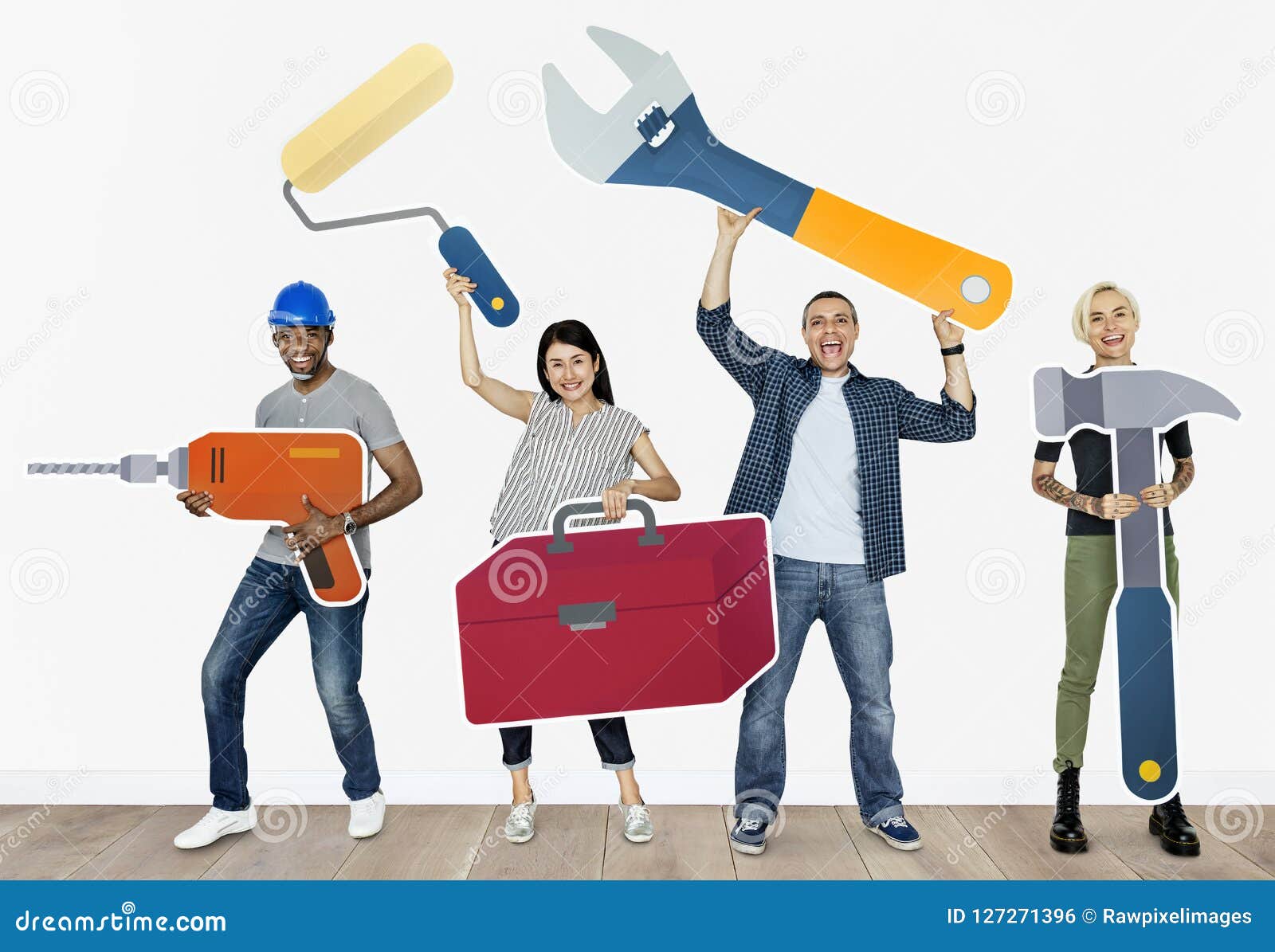 Cheerful Diverse People Holding Tools Stock Photo - Image of machine ...
