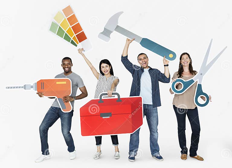 Cheerful Diverse People Holding Tools Stock Image - Image of group ...