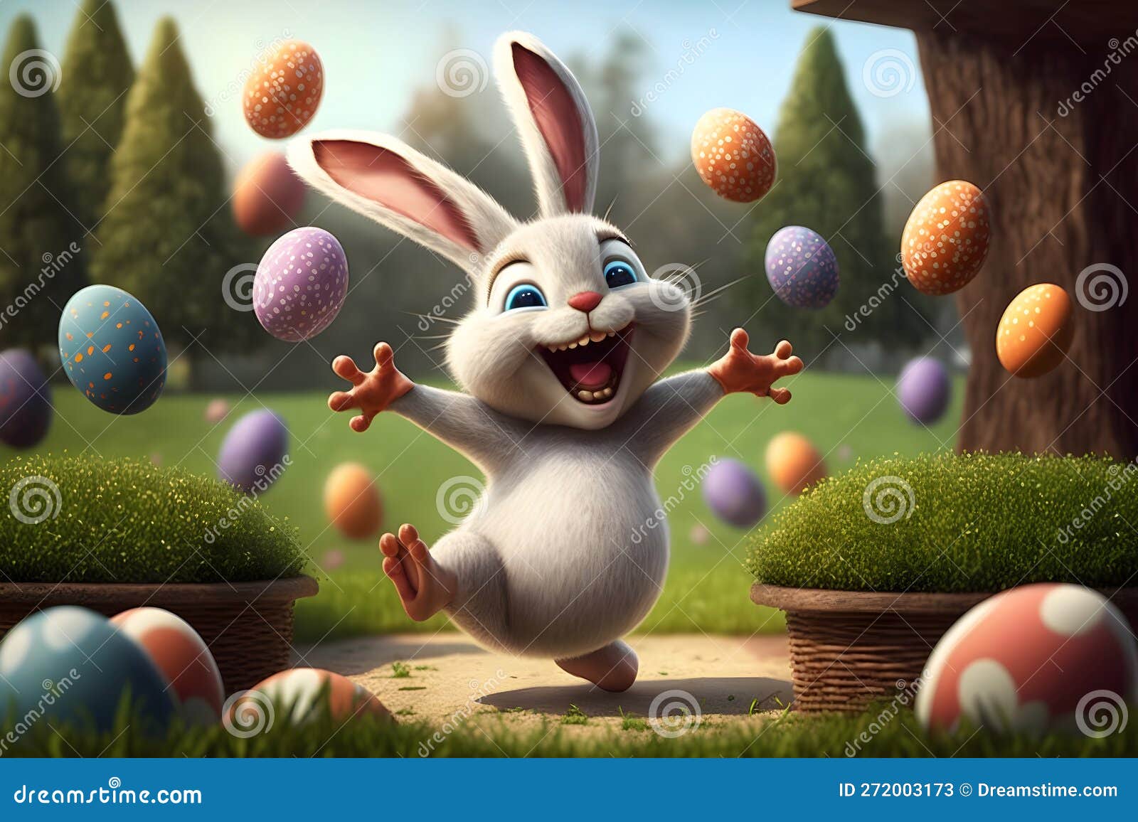 Cheerful Easter Bunny in the Garden, Falling Colored Eggs, Generative ...