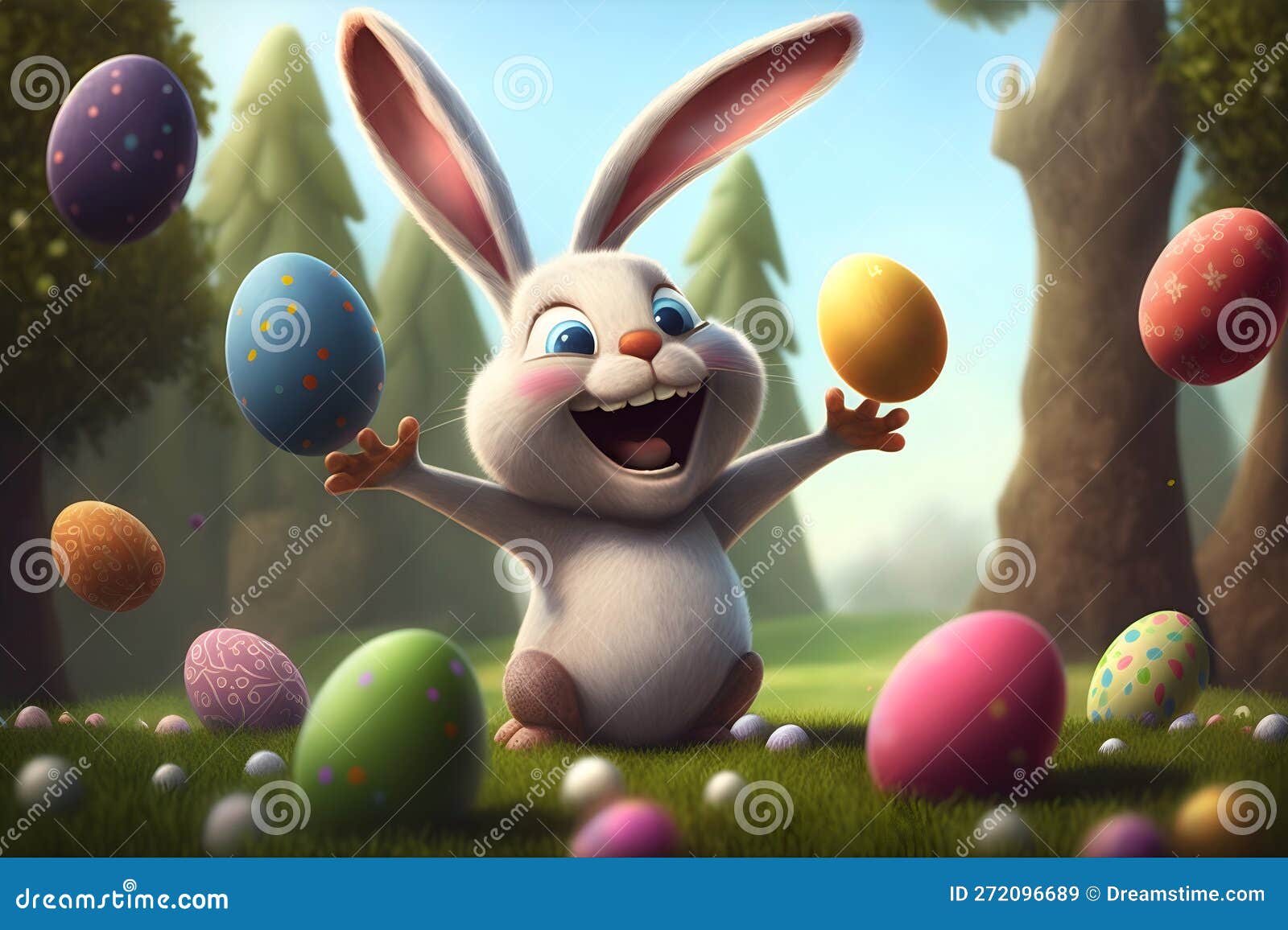 Cheerful Easter Bunny in the Garden on the Grass, Colored Eggs Falling ...