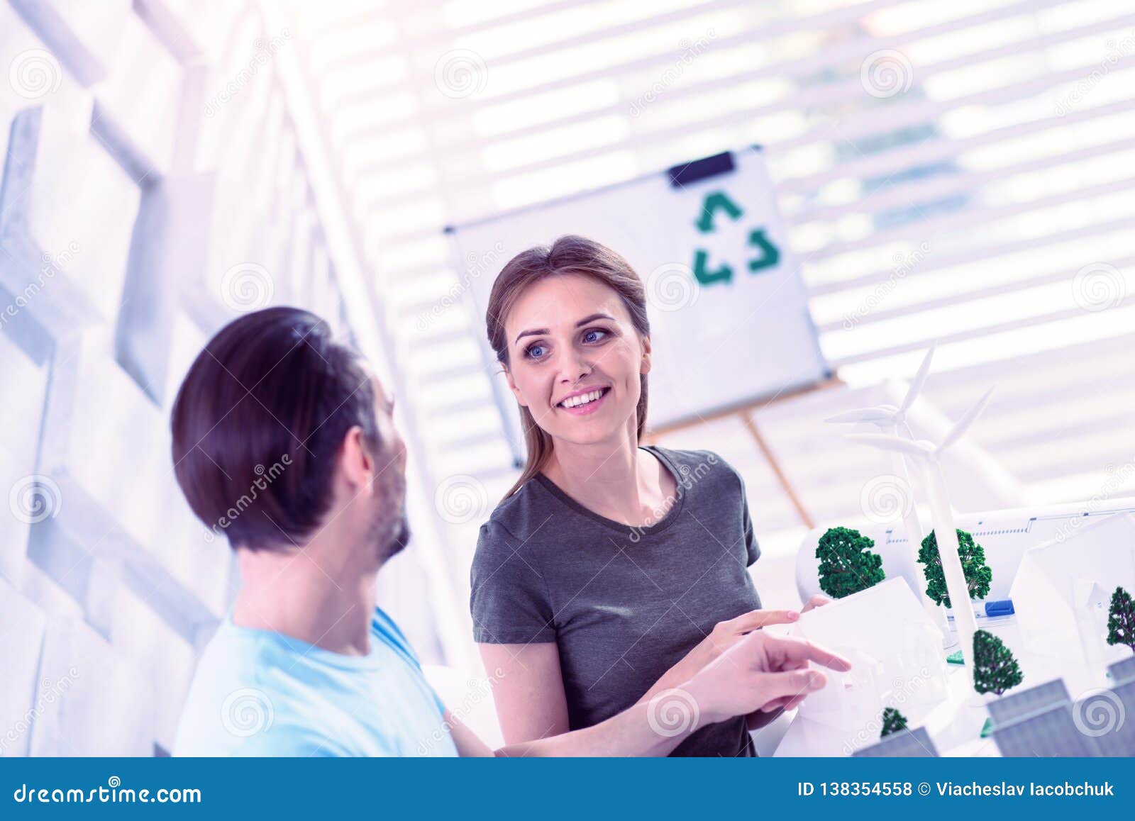 Cheerful Eco Engineer Smiling To Her Client while Working on His ...