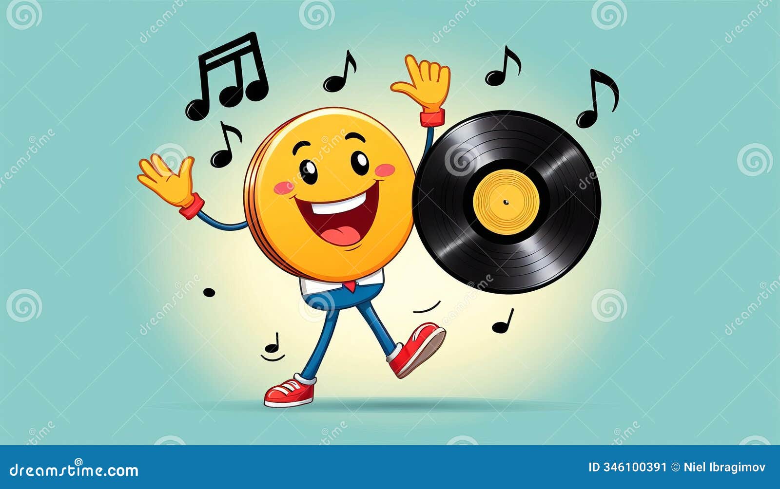 Cheerful Emoji with Vinyl Record and Musical Notes on a Vibrant ...