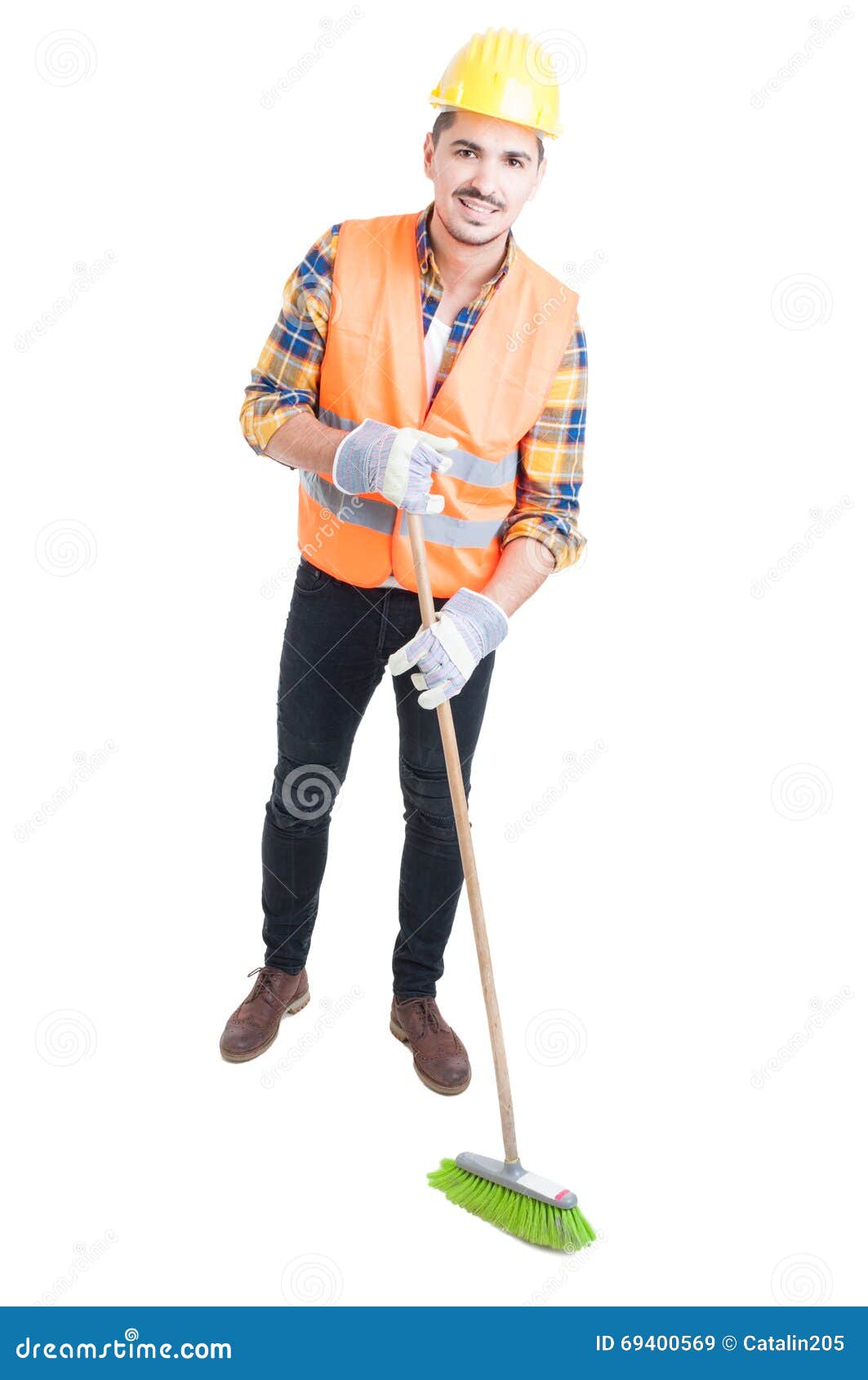 Cheerful Engineer Sweeping the Floor with a Broom Stock Image - Image ...
