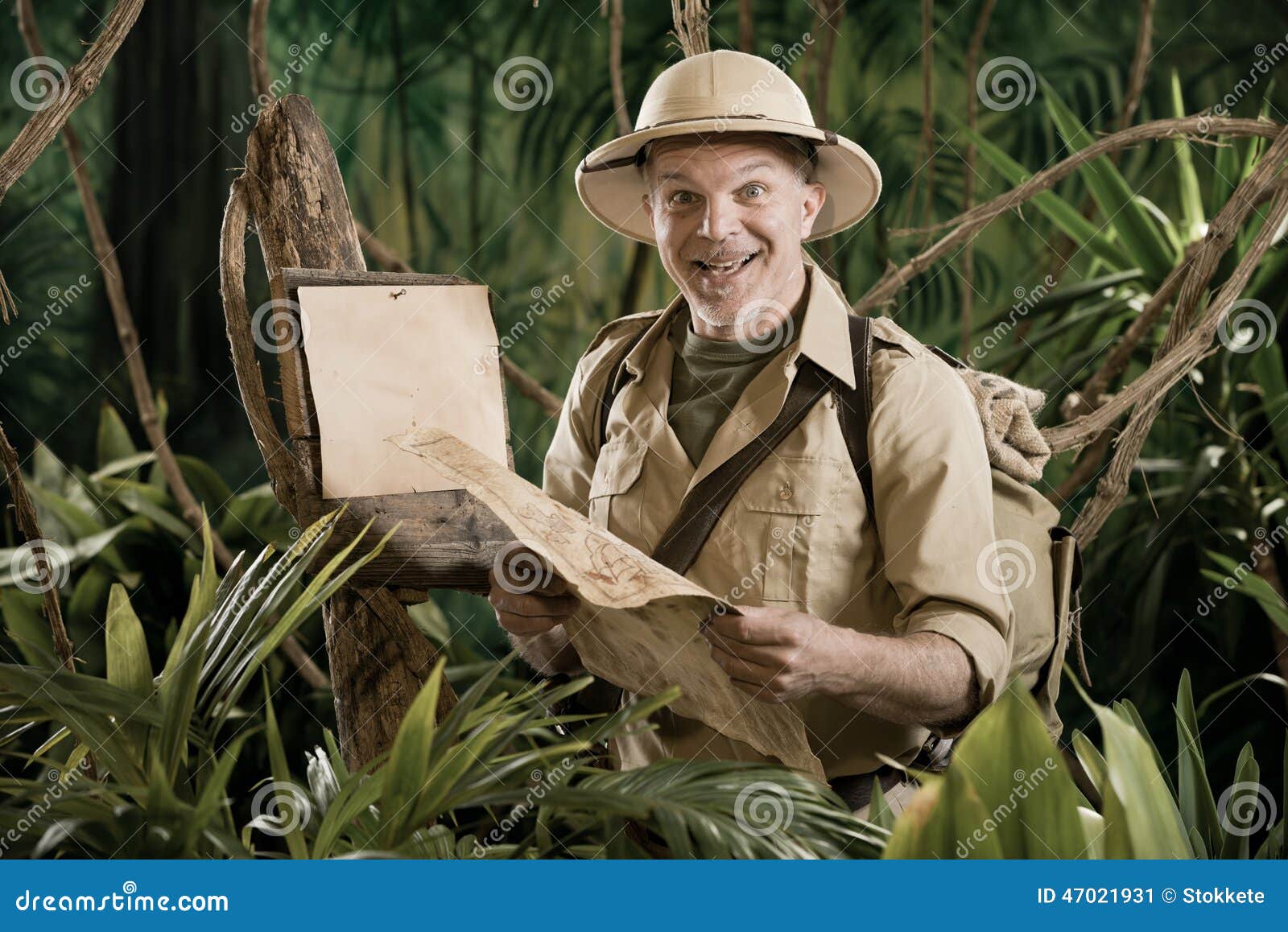 Cheerful Explorer with Blank Sign Stock Image - Image of adventurer ...
