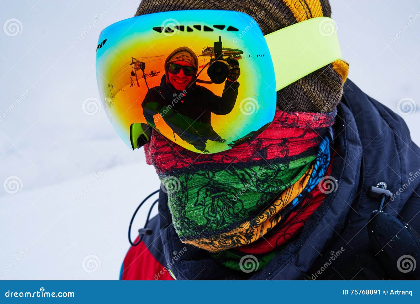 Cheerful Face of Photographer is Reflected in Mask Snowboarder, Closeup ...