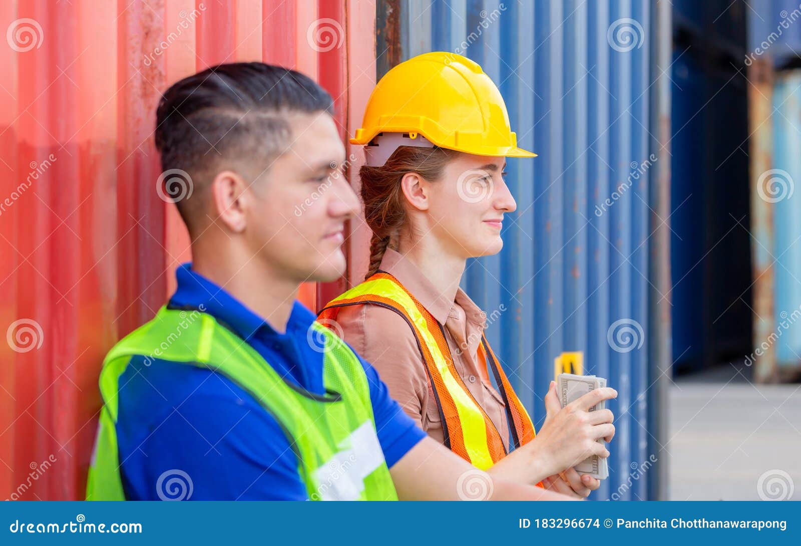 Cheerful Factory Worker Team at Cargo Containers, Happiness Working ...