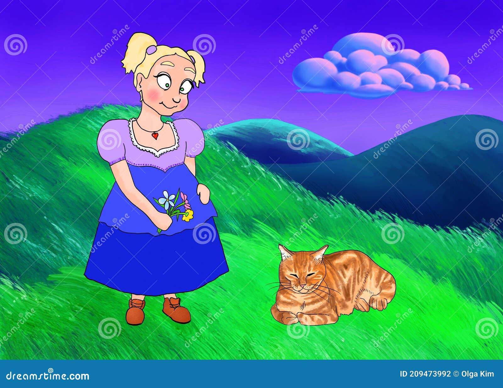 A Cheerful Farm Gil and a Ginger Cat on a Beautiful Meadow Stock ...