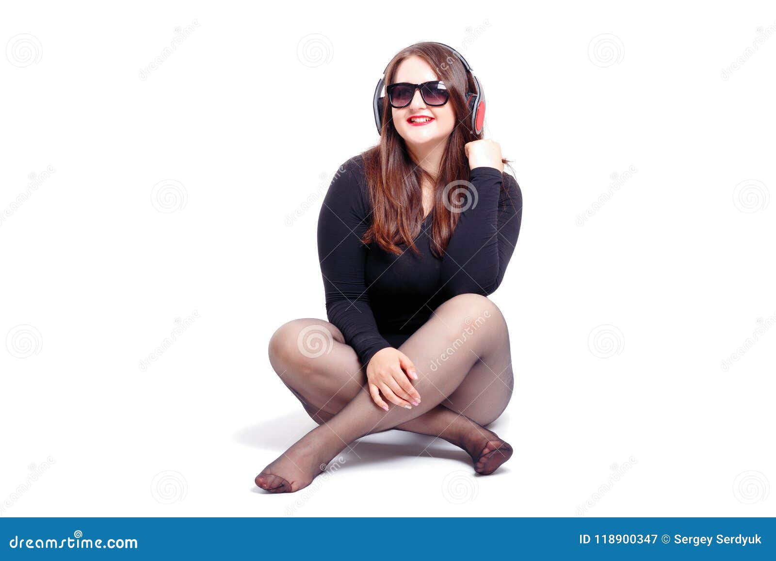 Cheerful Fat Brunette Has Fun Posing With Headphones Plus Size Model