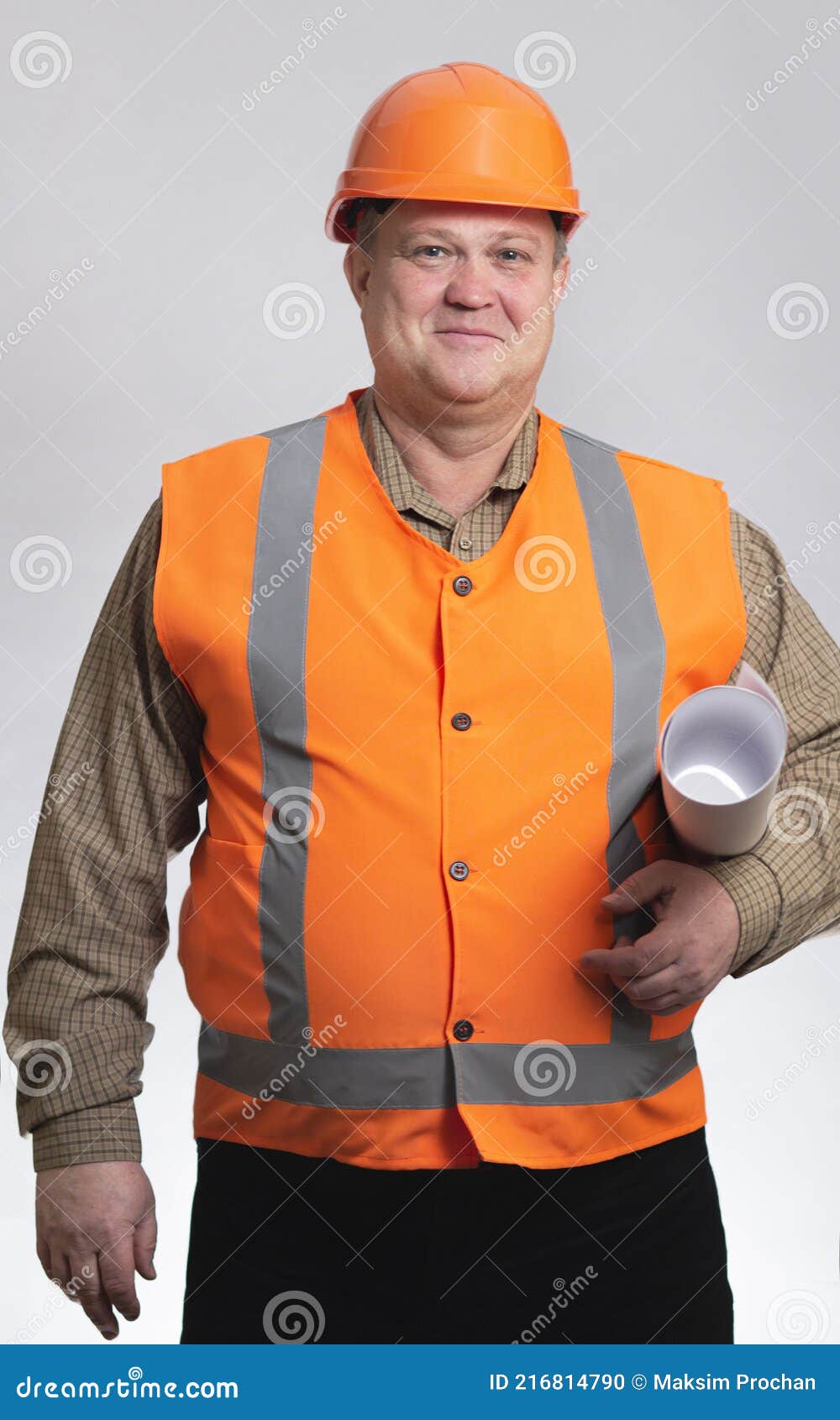 Cheerful Fat Construction Worker with Belly in Hard Hat on Studio ...