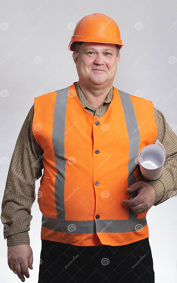 Cheerful Fat Construction Worker with Belly in Hard Hat on Studio ...