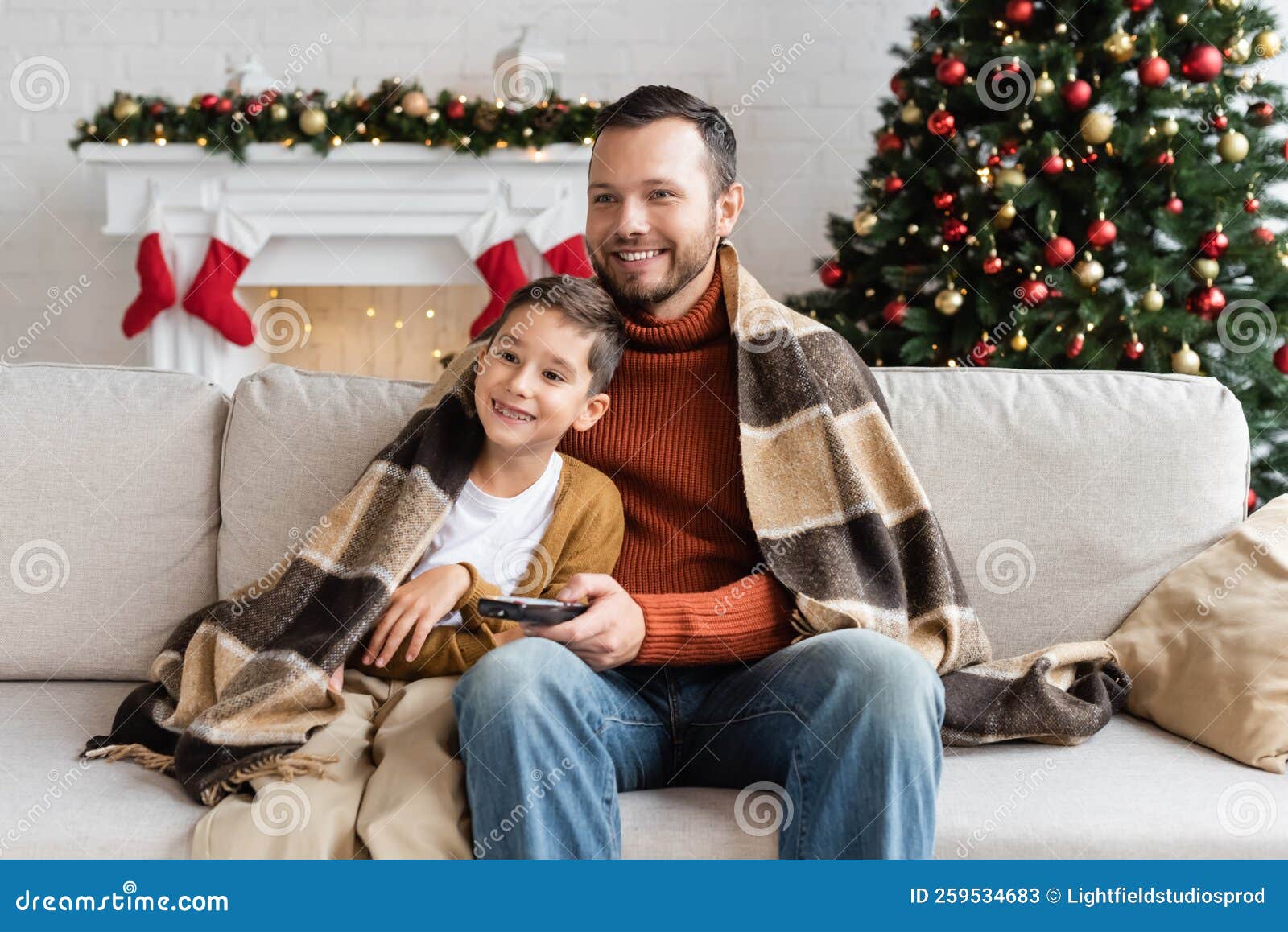 Cheerful Father And Son Sitting On Stock Image Image Of Father