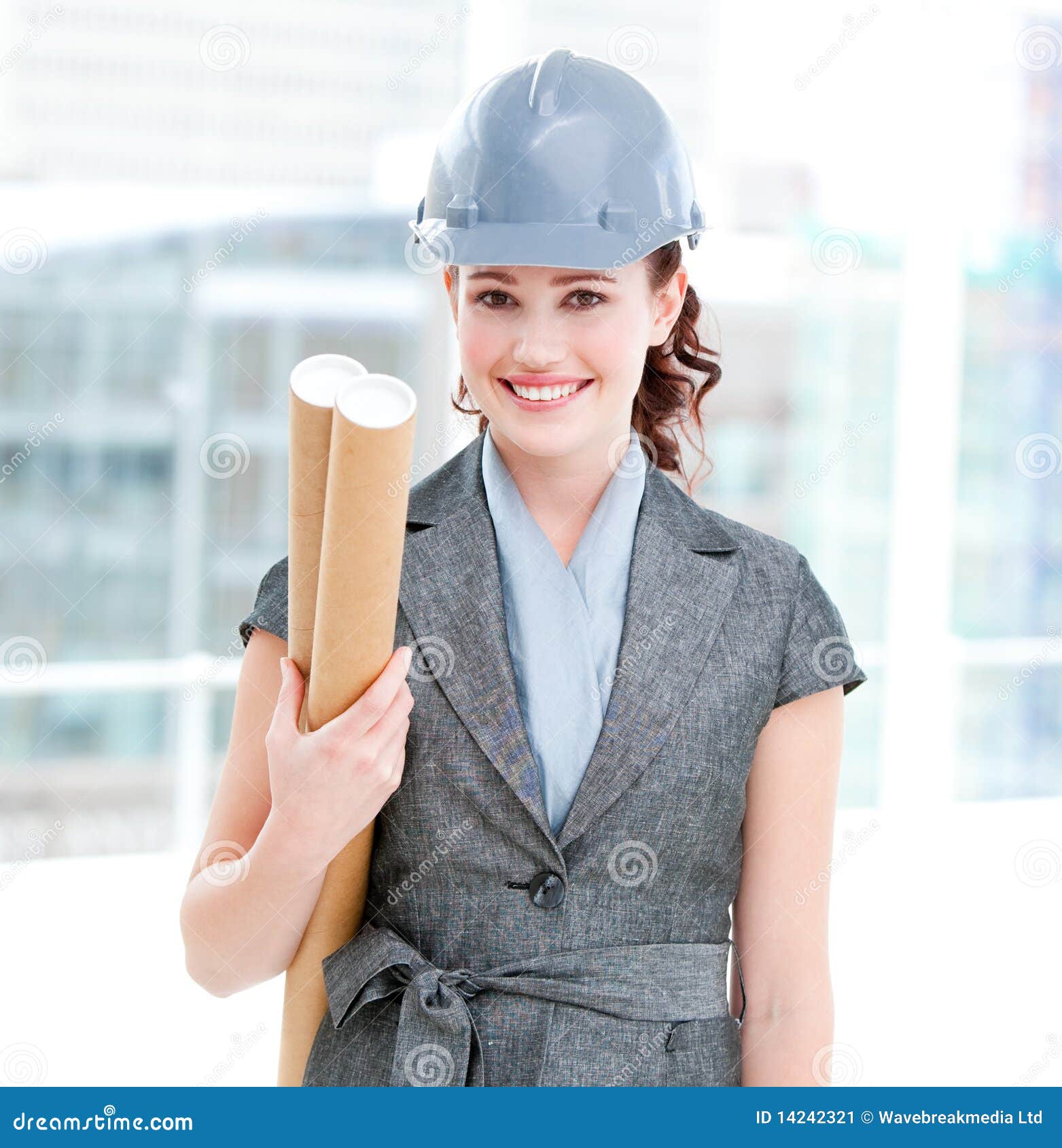 Cheerful Female Architect with Hard Hat and Plans Stock Image - Image ...