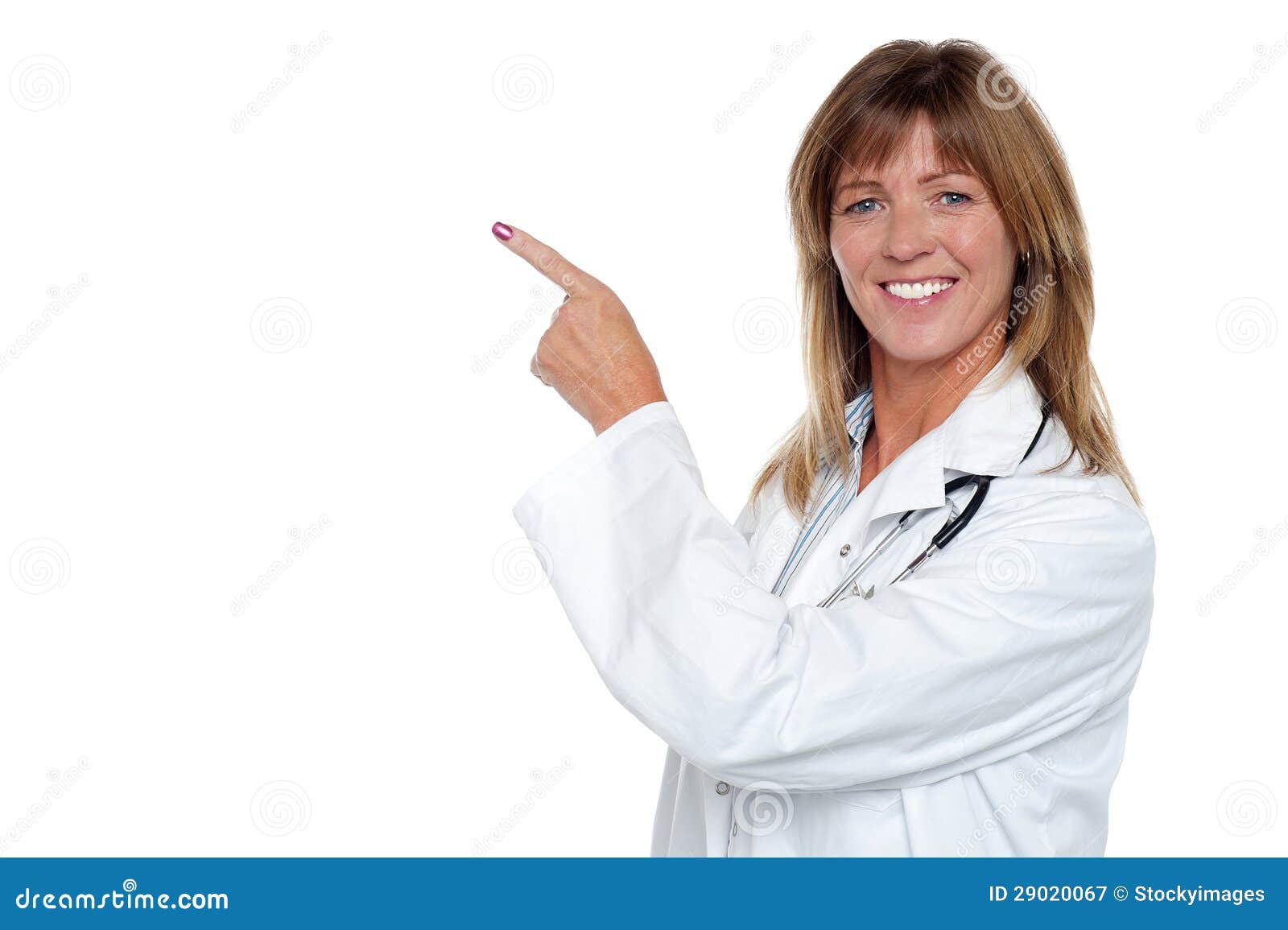 Cheerful Female Doctor Pointing Away Stock Image - Image of lovely ...