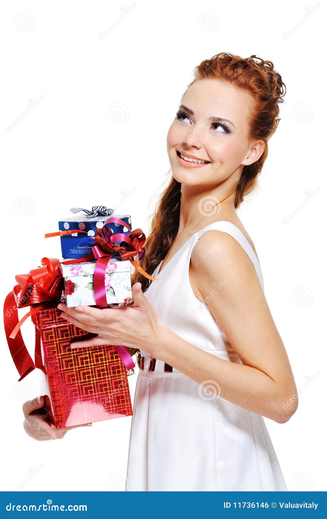 Cheerful Female Holding the Present and Looking Up Stock Photo - Image ...