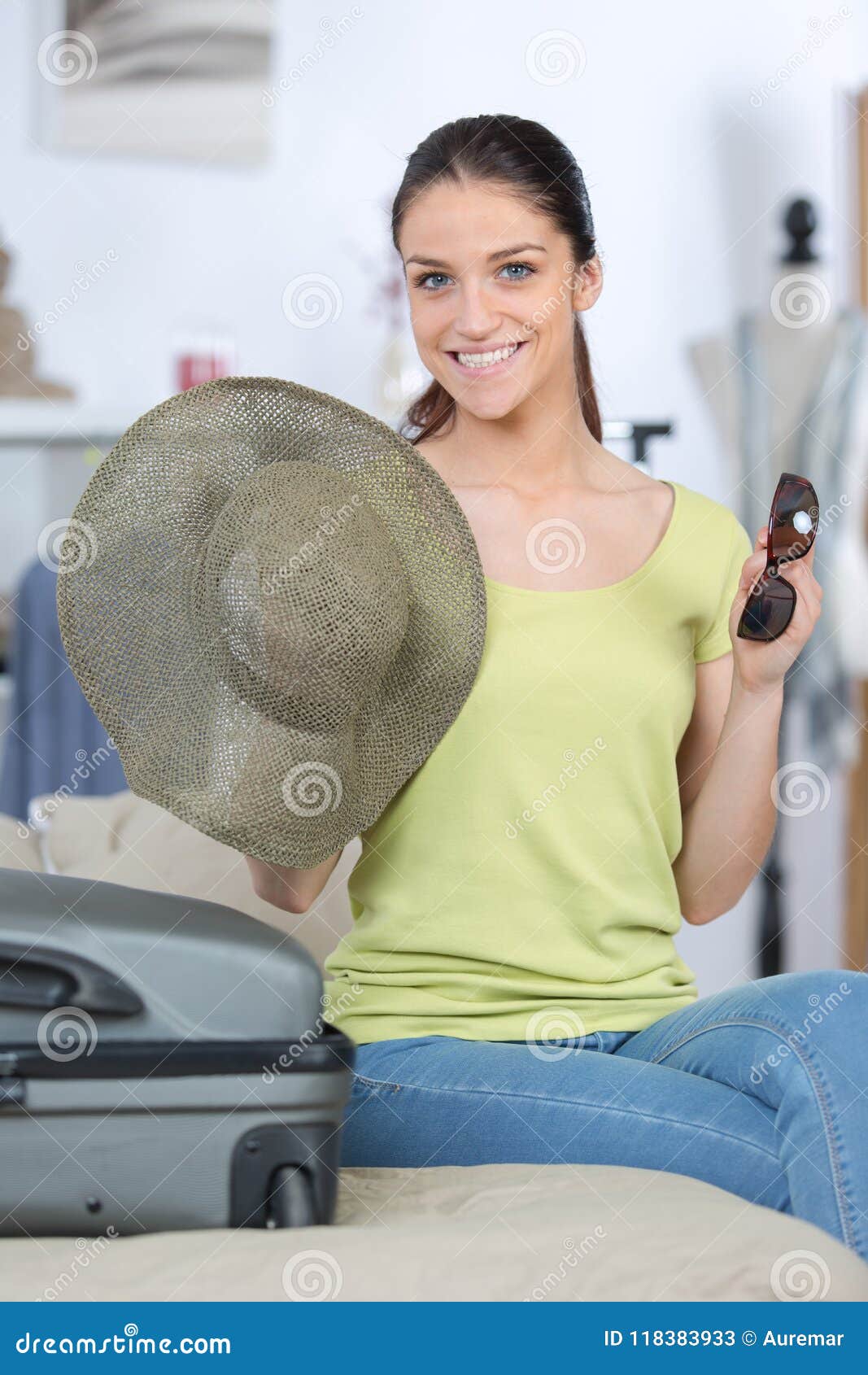 Cheerful Female Packing Suitcase Stock Image - Image of female ...