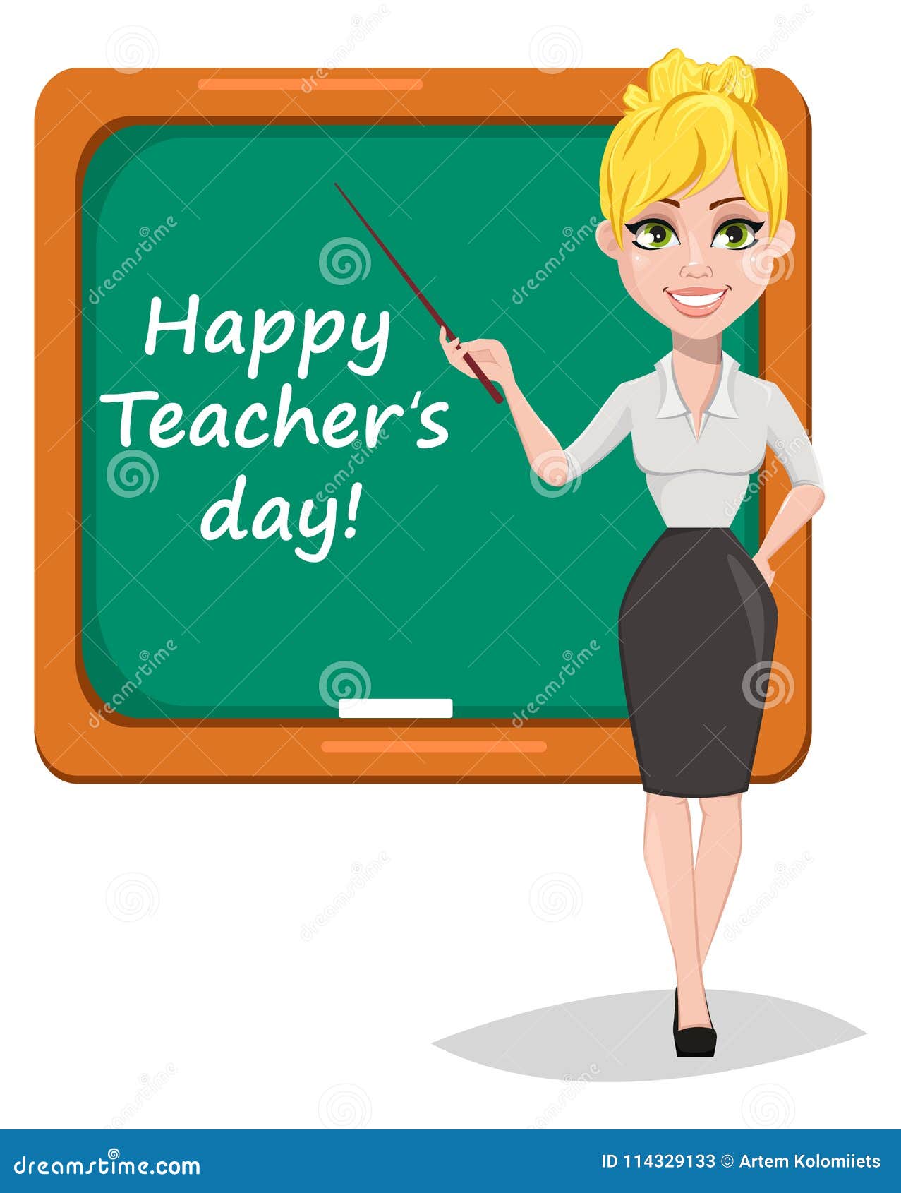 Cheerful Female Teacher Standing Near Blackboard and Holding Pointer ... Cheerful Female Teacher Standing Near Blackboard and Holding Pointer ...