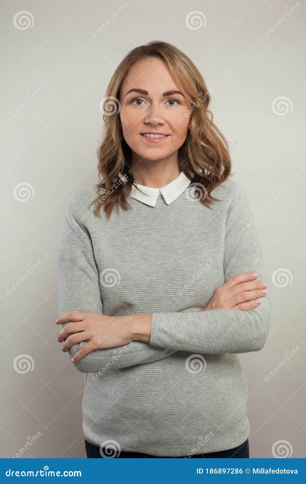 Cheerful Friendly Woman on White Background Stock Photo - Image of ...