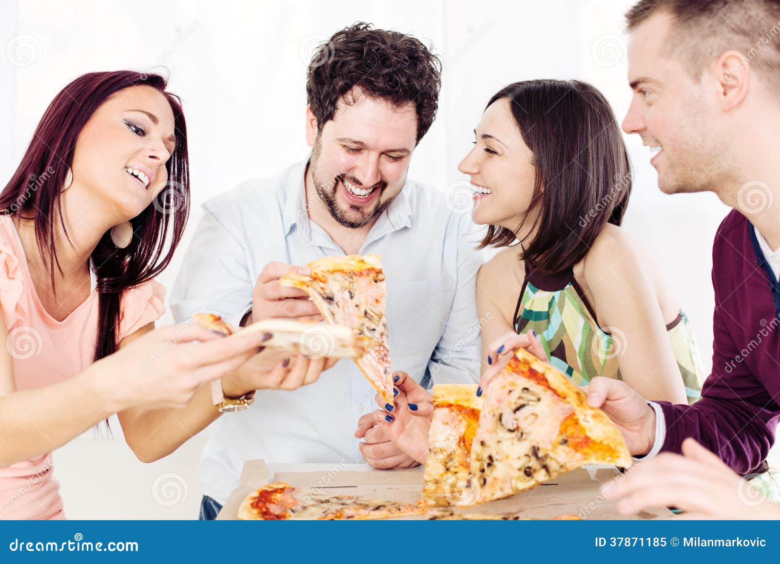 Cheerful Friends Eating Pizza Stock Image - Image of dinner, group ...