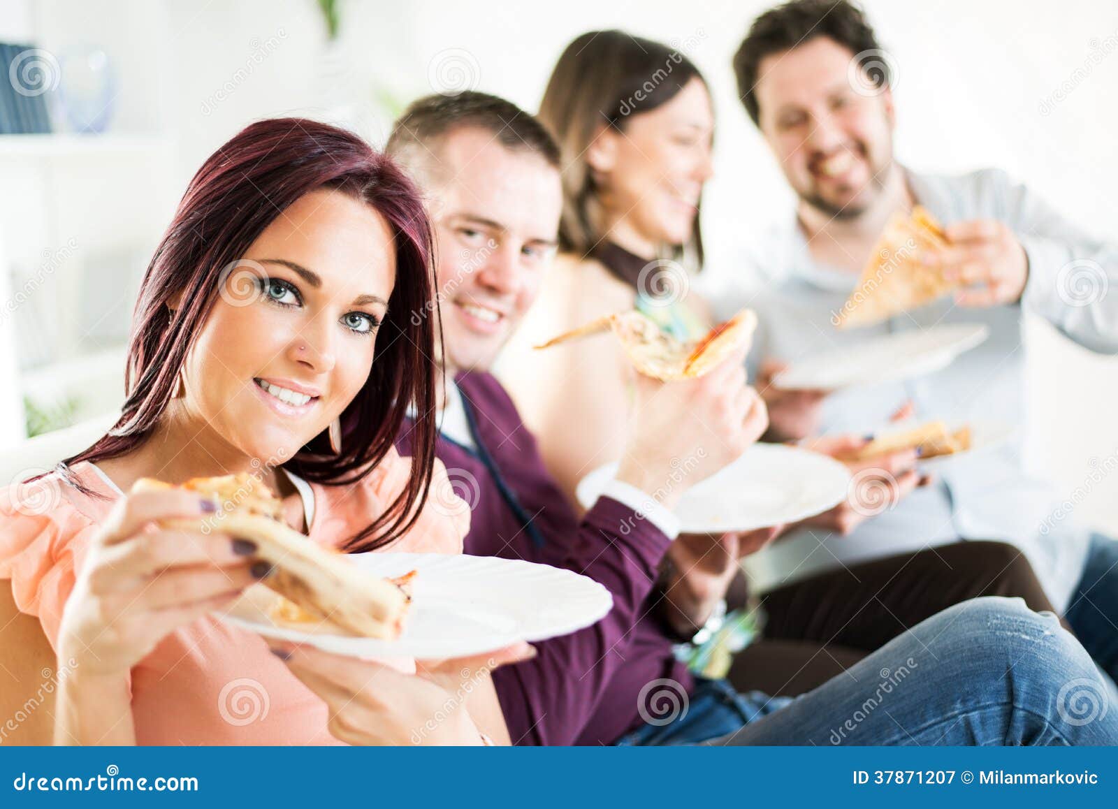 Cheerful Friends Eating Pizza Stock Image - Image of looking, caucasian ...