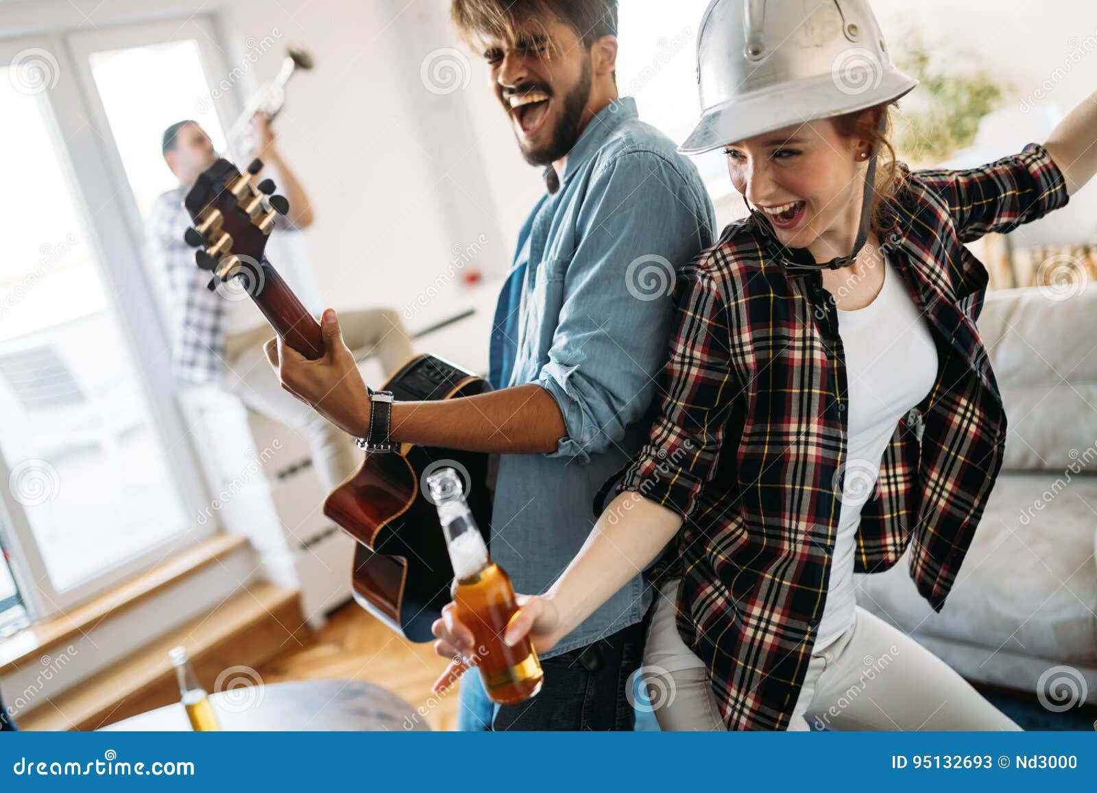 Cheerful Friends Having Party Together and Playing Instruments Stock ...