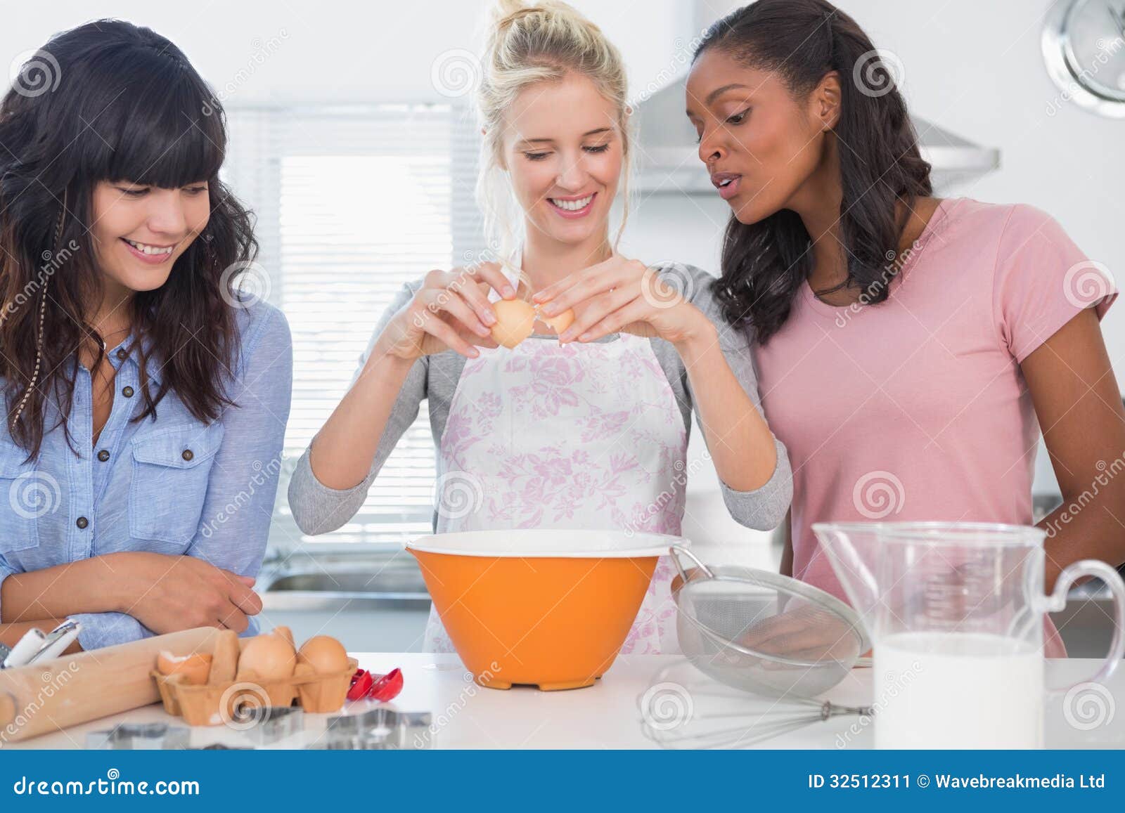 Cheerful Friends Making Pastry Together Stock Image - Image of apron ...