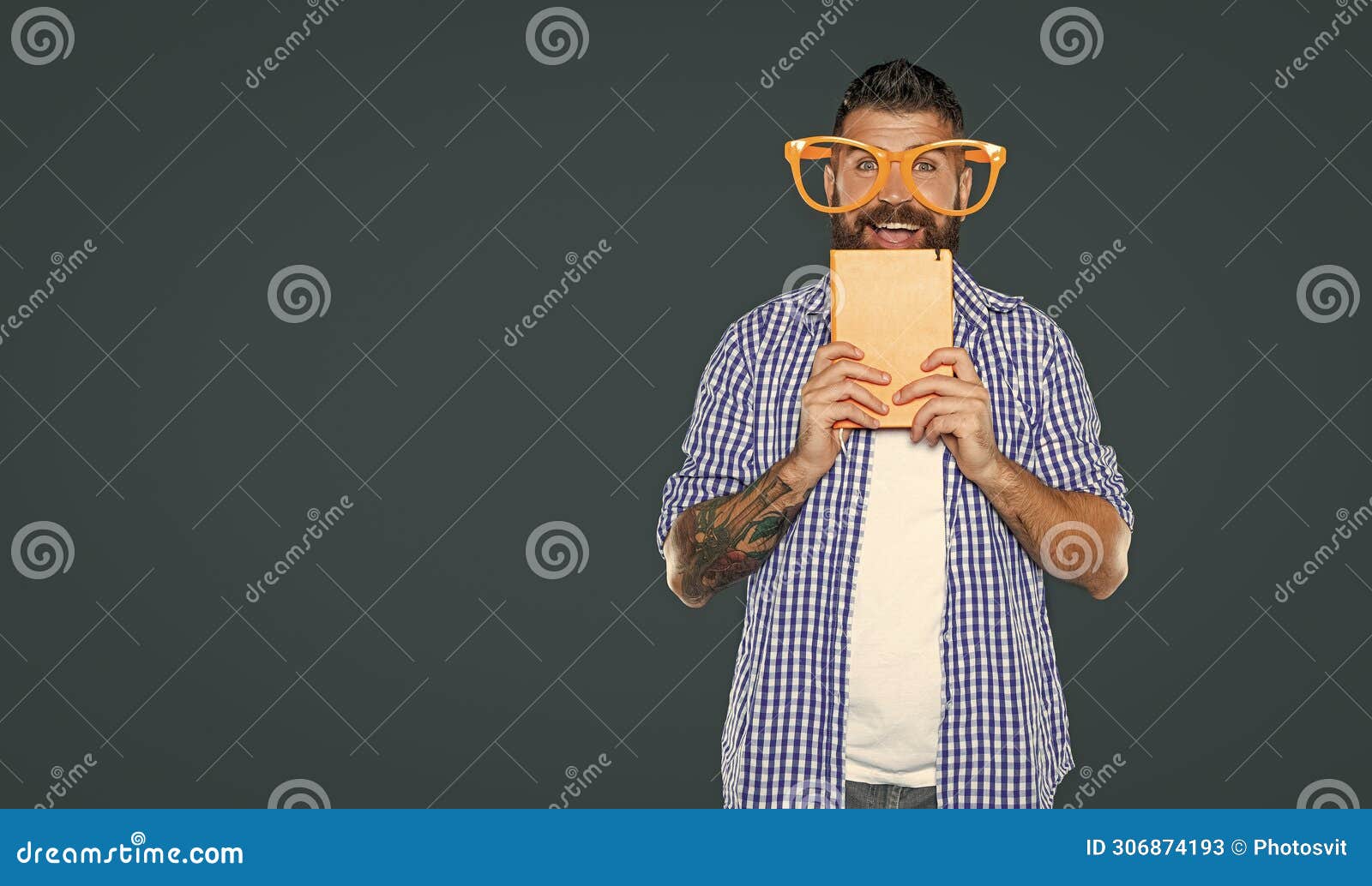 Cheerful Funny Bearded Man In Party Glasses Hold Book Stock Image
