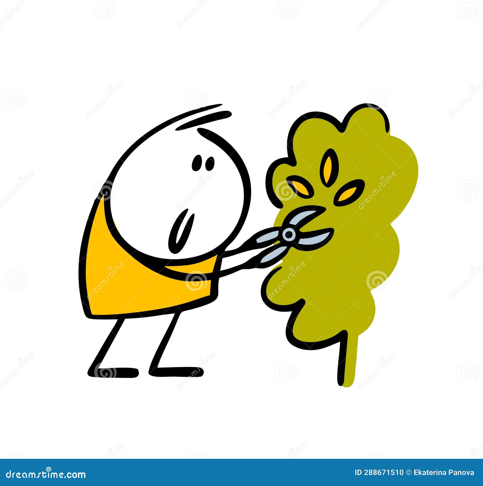 Cheerful Gardener is Working in the Garden with Large Scissors. Vector ...