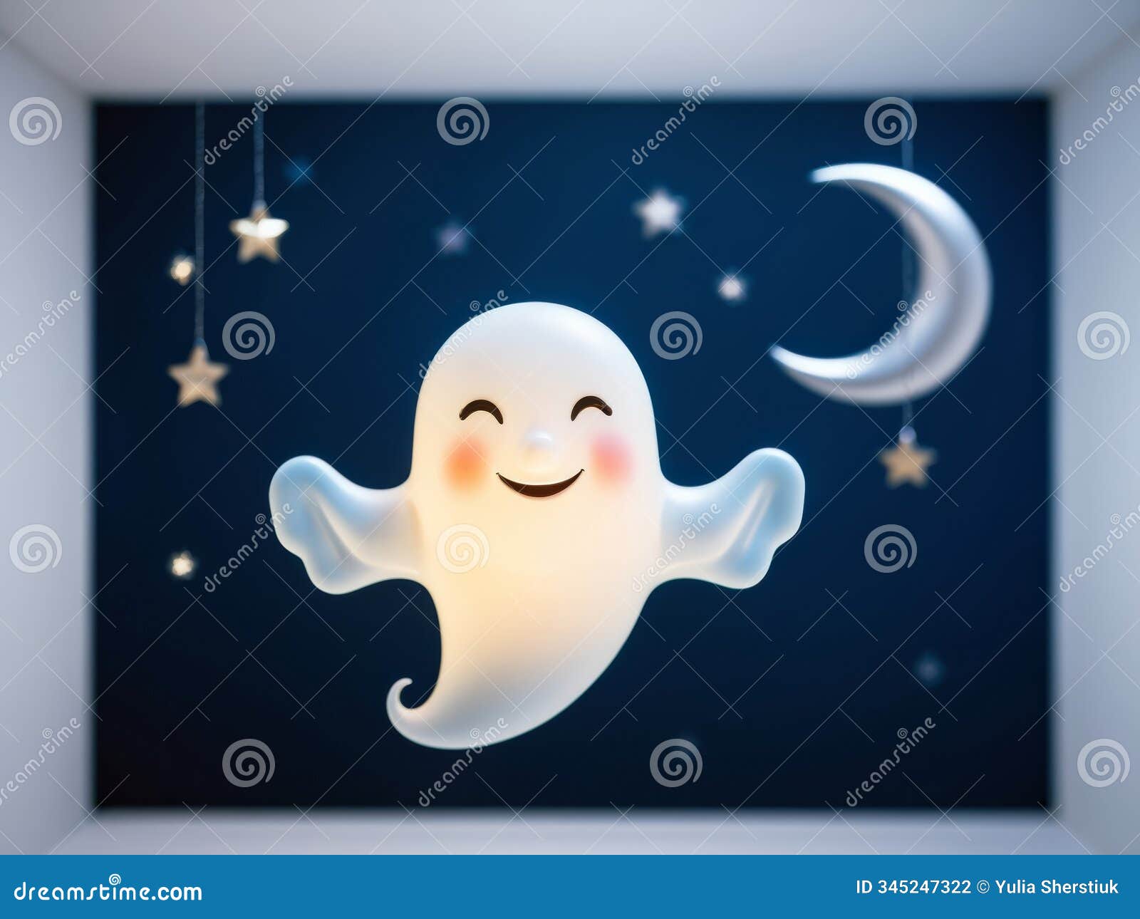 Cheerful Ghost Is Floating In The Night Sky Among Stars And A Crescent ...