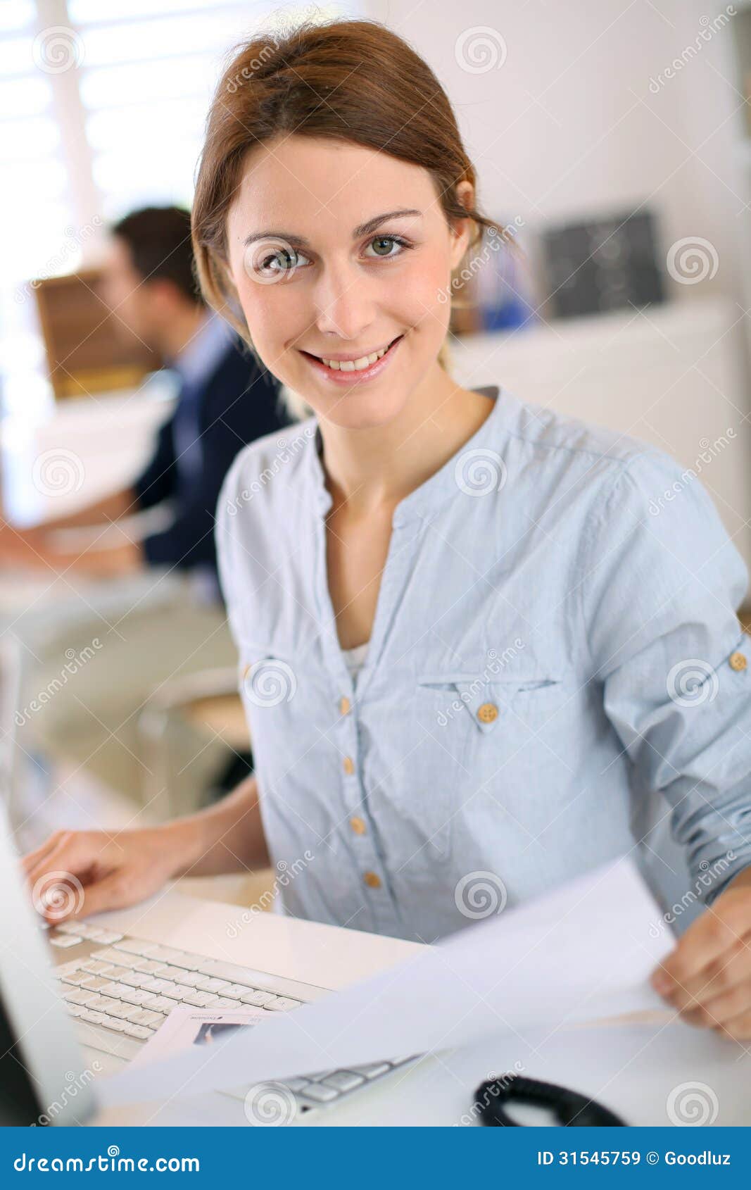 Cheerful Girl in Computer Training Stock Image - Image of paper, office ...