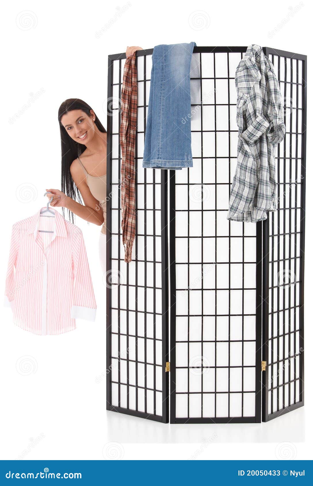 Cheerful Girl Dressing Up Behind Dressing Panel Stock Image - Image of ...